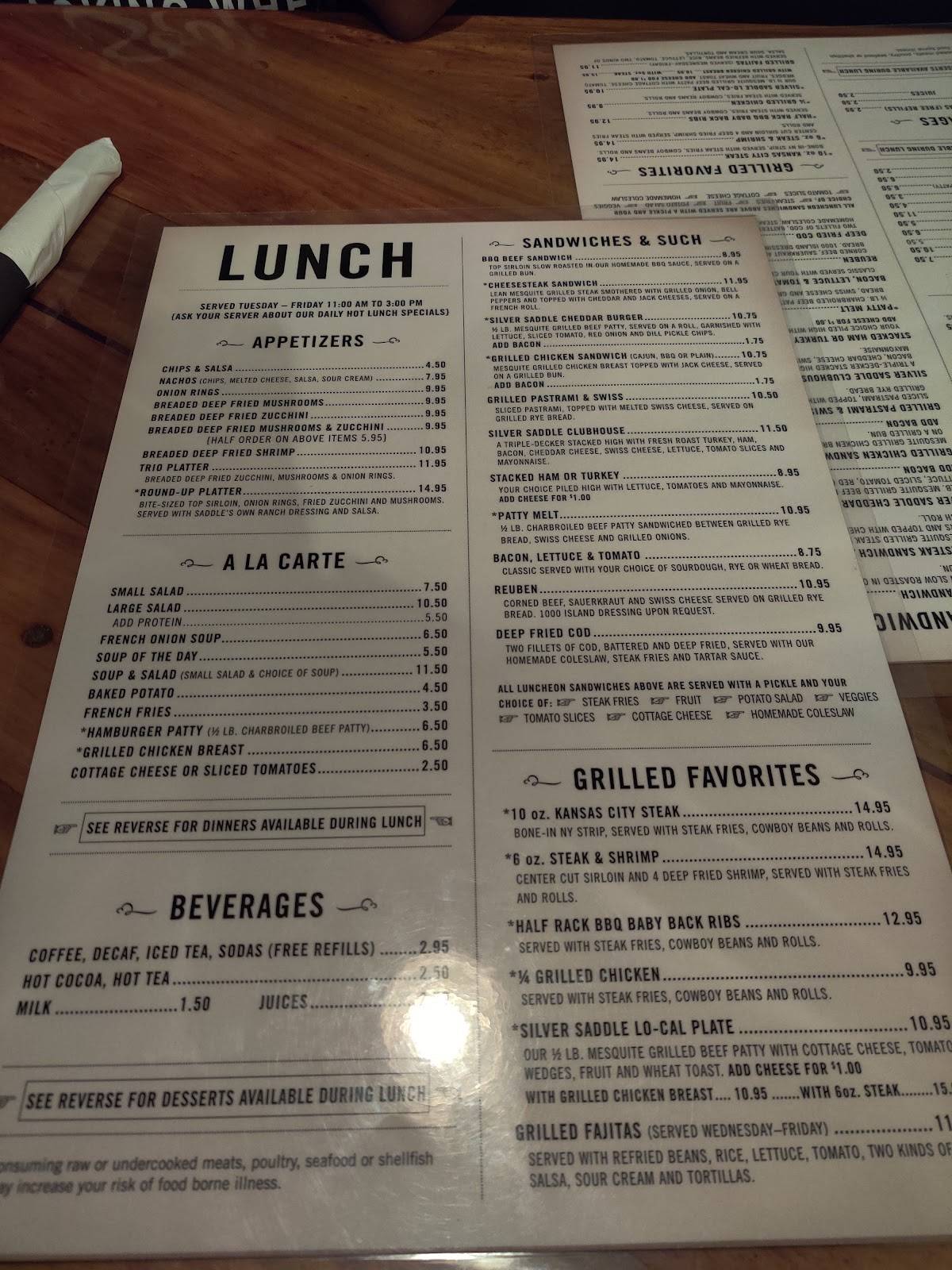 Menu at Silver Saddle Steakhouse, Tucson