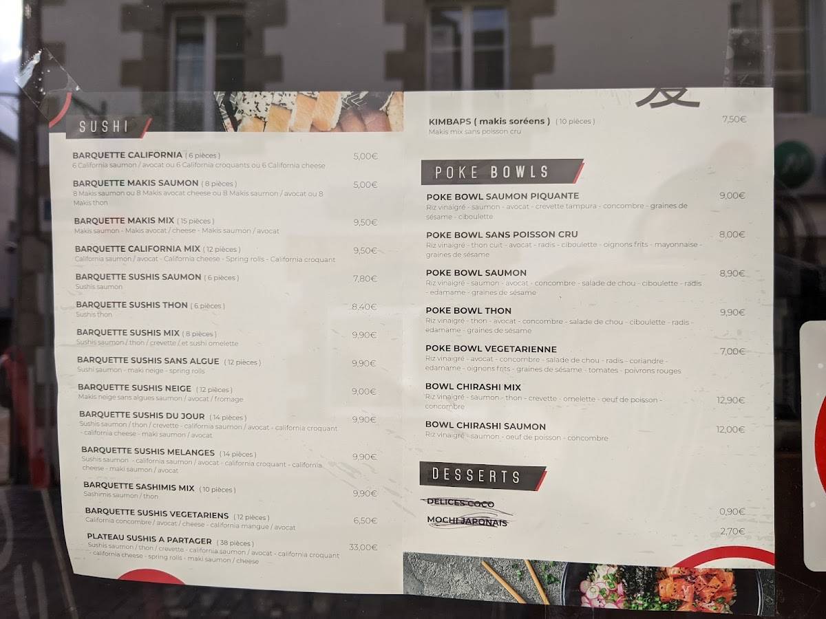 Menu au Sim sushi restaurant, Landivisiau