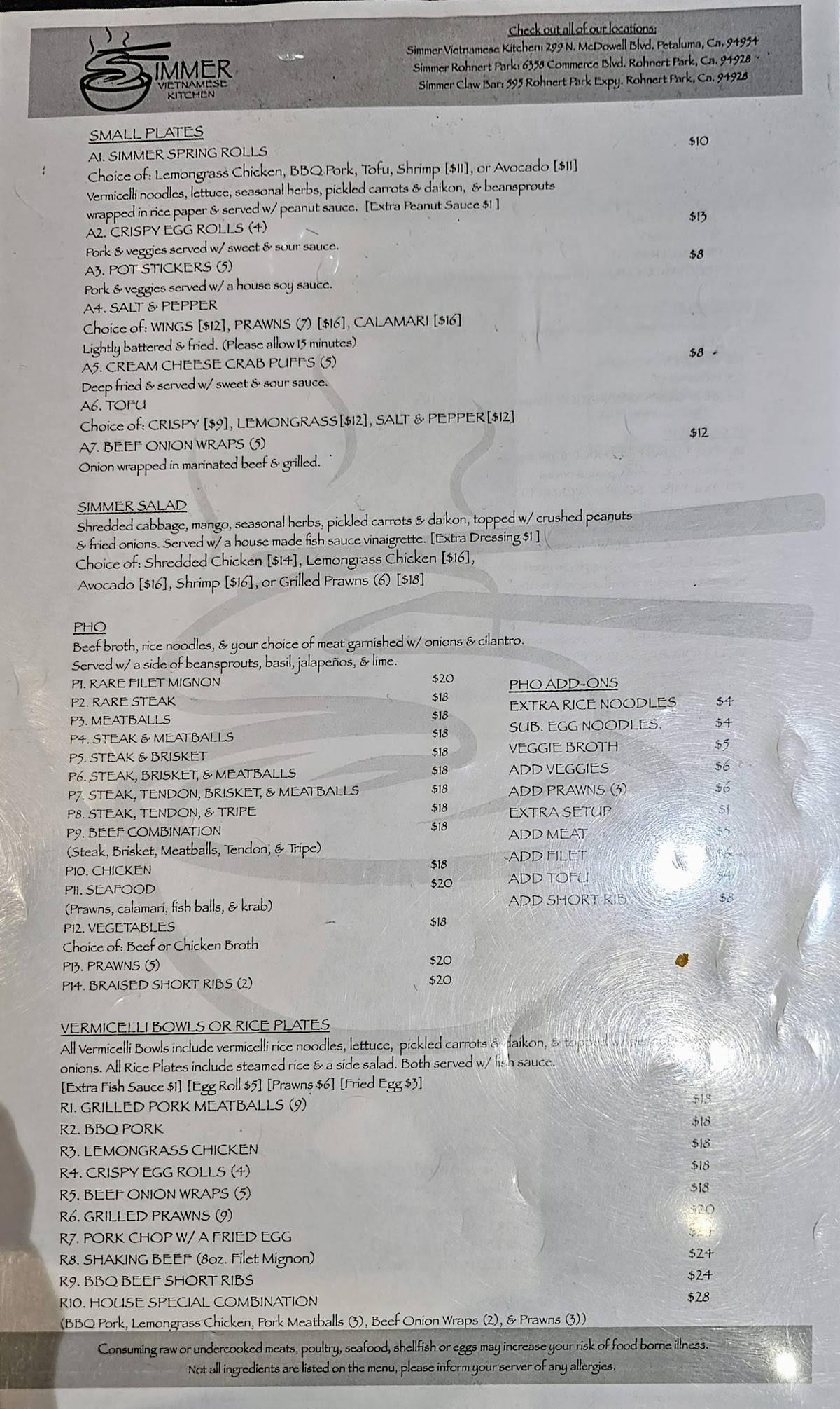 Menu at Simmer Vietnamese Kitchen restaurant, Petaluma