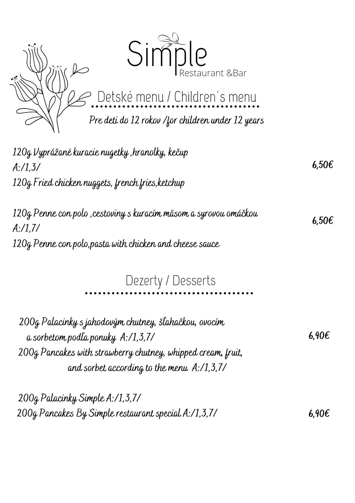 Menu at Simple Restaurant & Bar, Pezinok