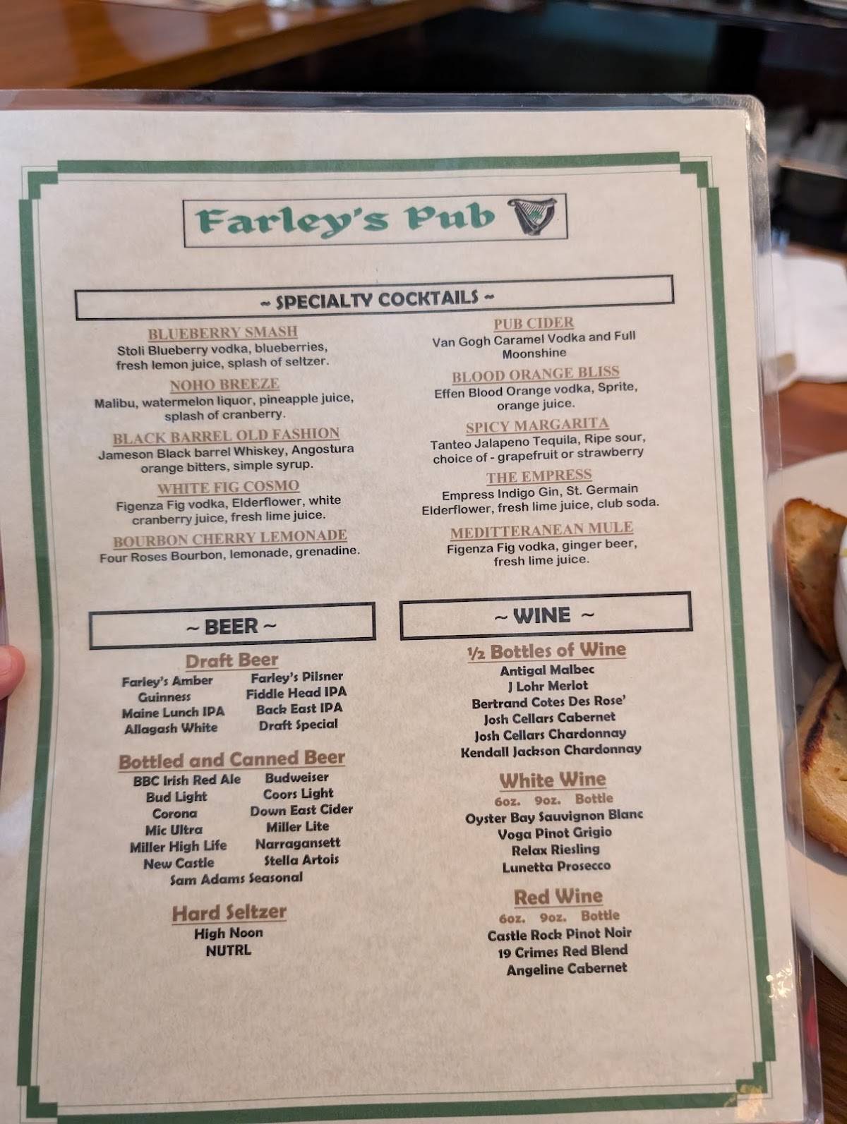 Menu at Farley's Pub, Simsbury