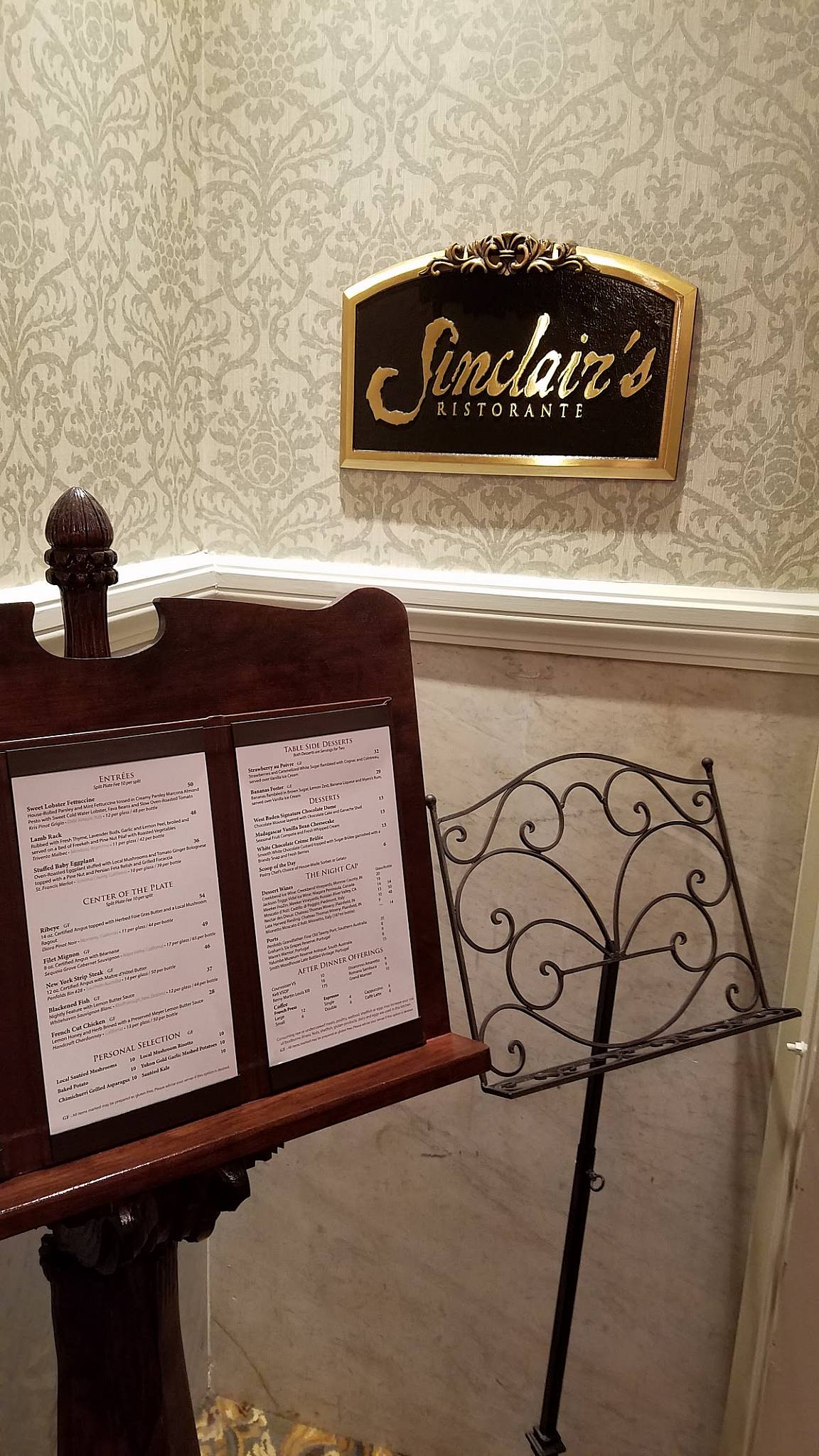 Menu at Sinclair's Restaurant, West Baden Springs, W Baden Ave