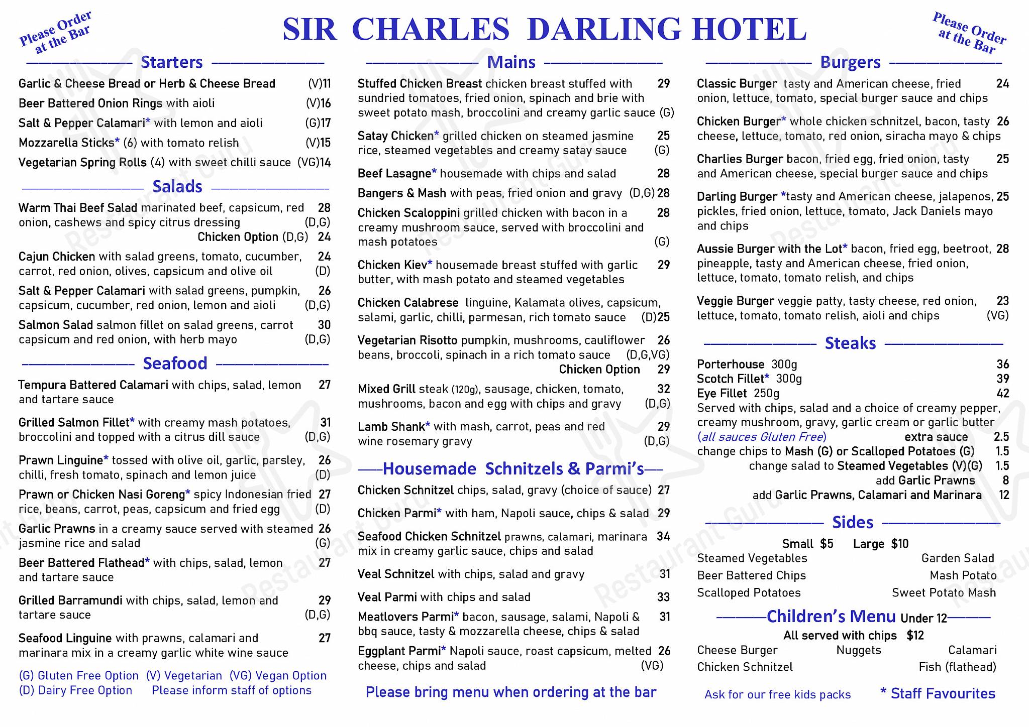 Menu at Sir Charles Darling Hotel restaurant, Geelong