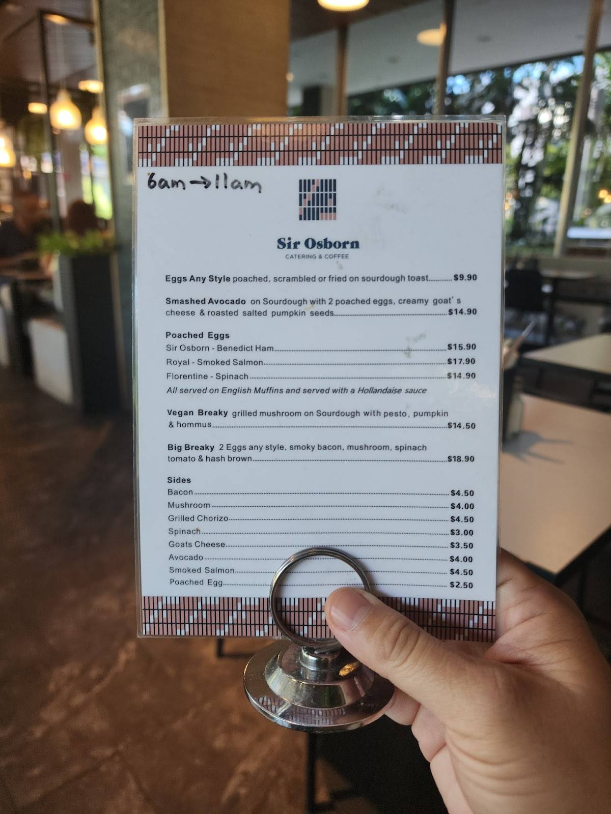 Menu at Sir Osborn restaurant, East Melbourne