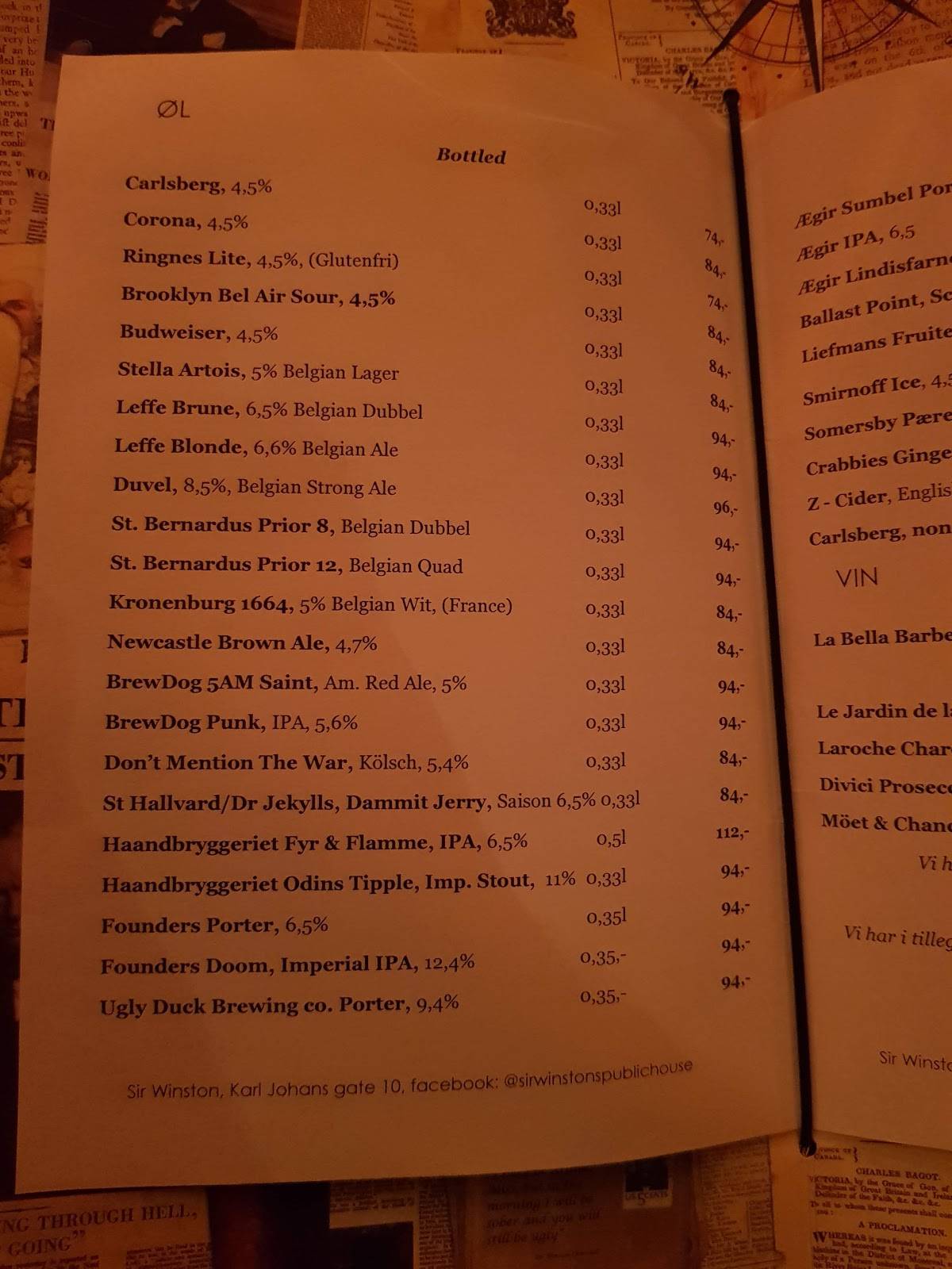 Menu at Sir Winston's Public House, Oslo