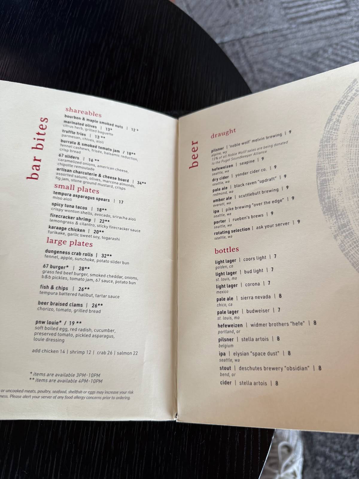 Menu at Six Seven Restaurant, Seattle