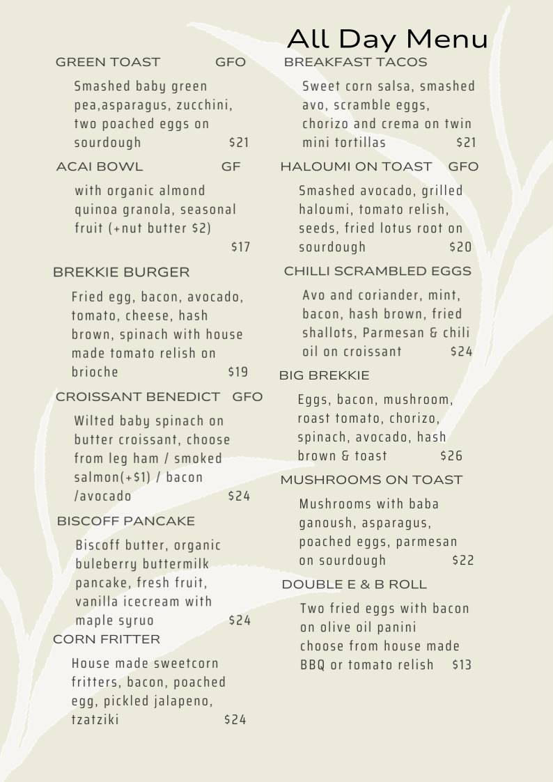 Menu at Six and Seven cafe, Westleigh