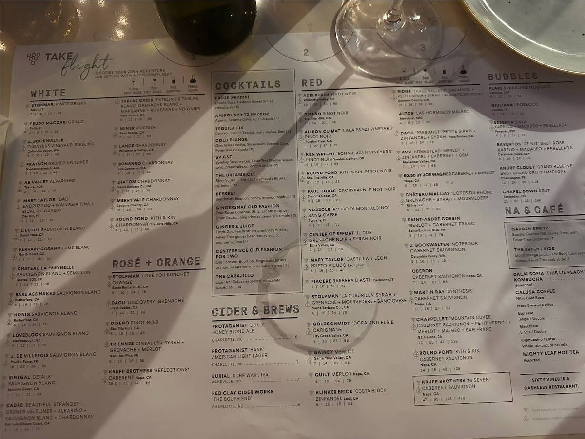 Menu at Sixty Vines pub & bar, Charlotte