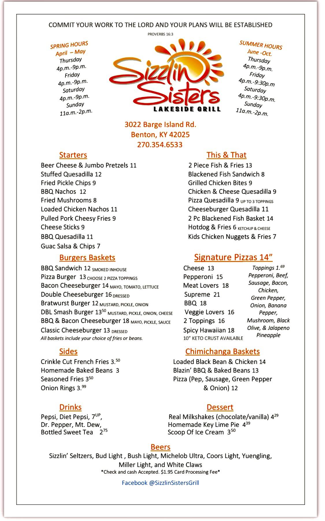 Menu at Sizzlin’ Sisters Lakeside Grill pub & bar, USA