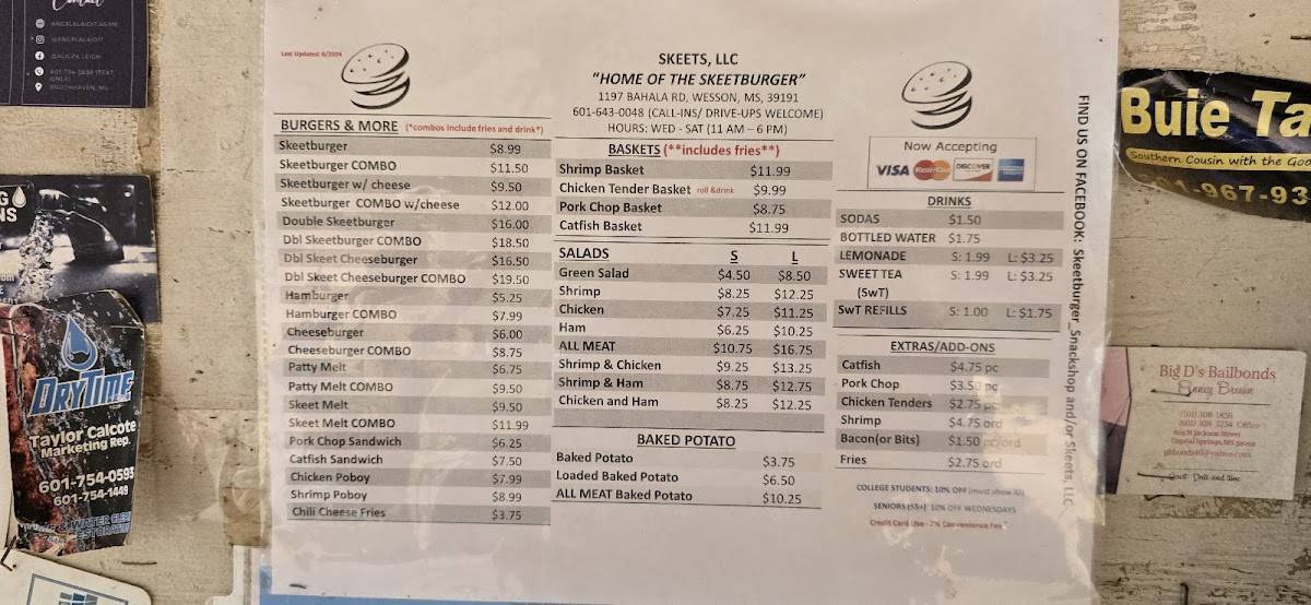 Menu at Skeetburger Snackshop restaurant, Wesson