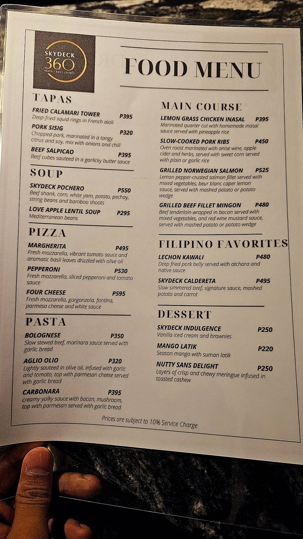 Menu at Skydeck360 Resto Bar Lounge, Cebu City