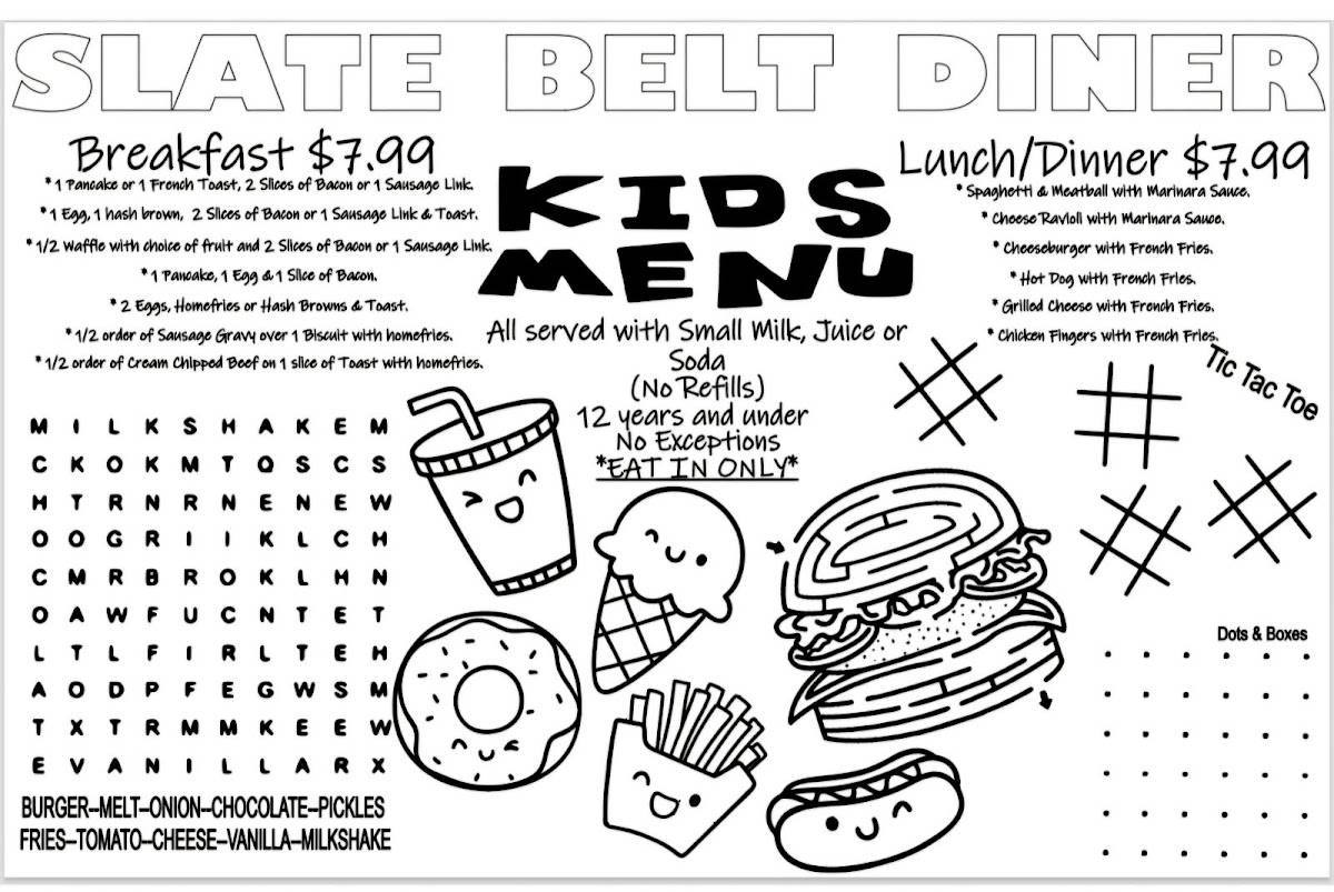 Menu at Slate belt diner restaurant, Bangor