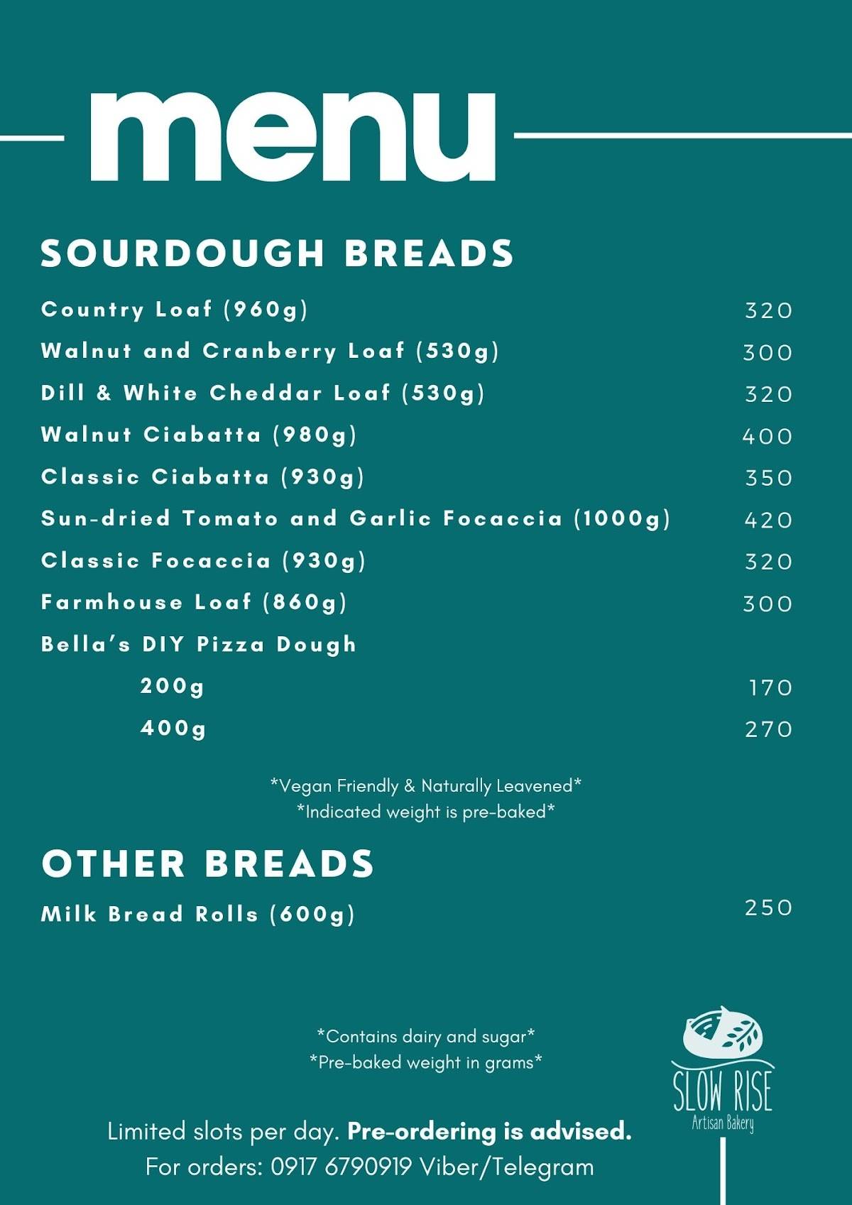 Menu at Slow Rise Artisan Bakery, Muntinlupa