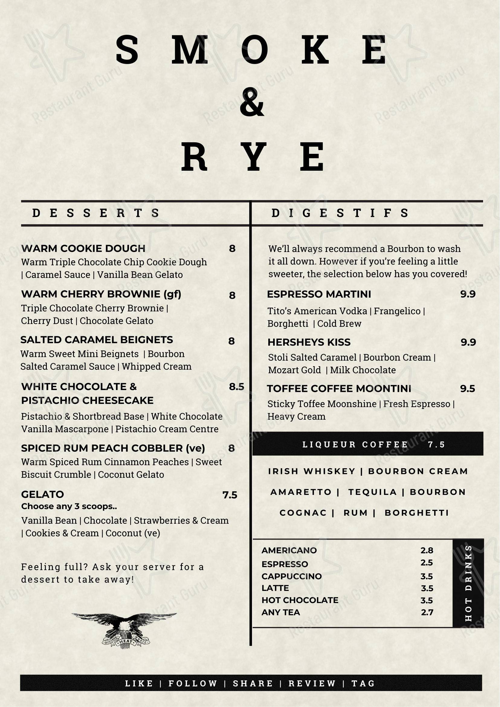 Menu at Smoke & Rye restaurant, Stone