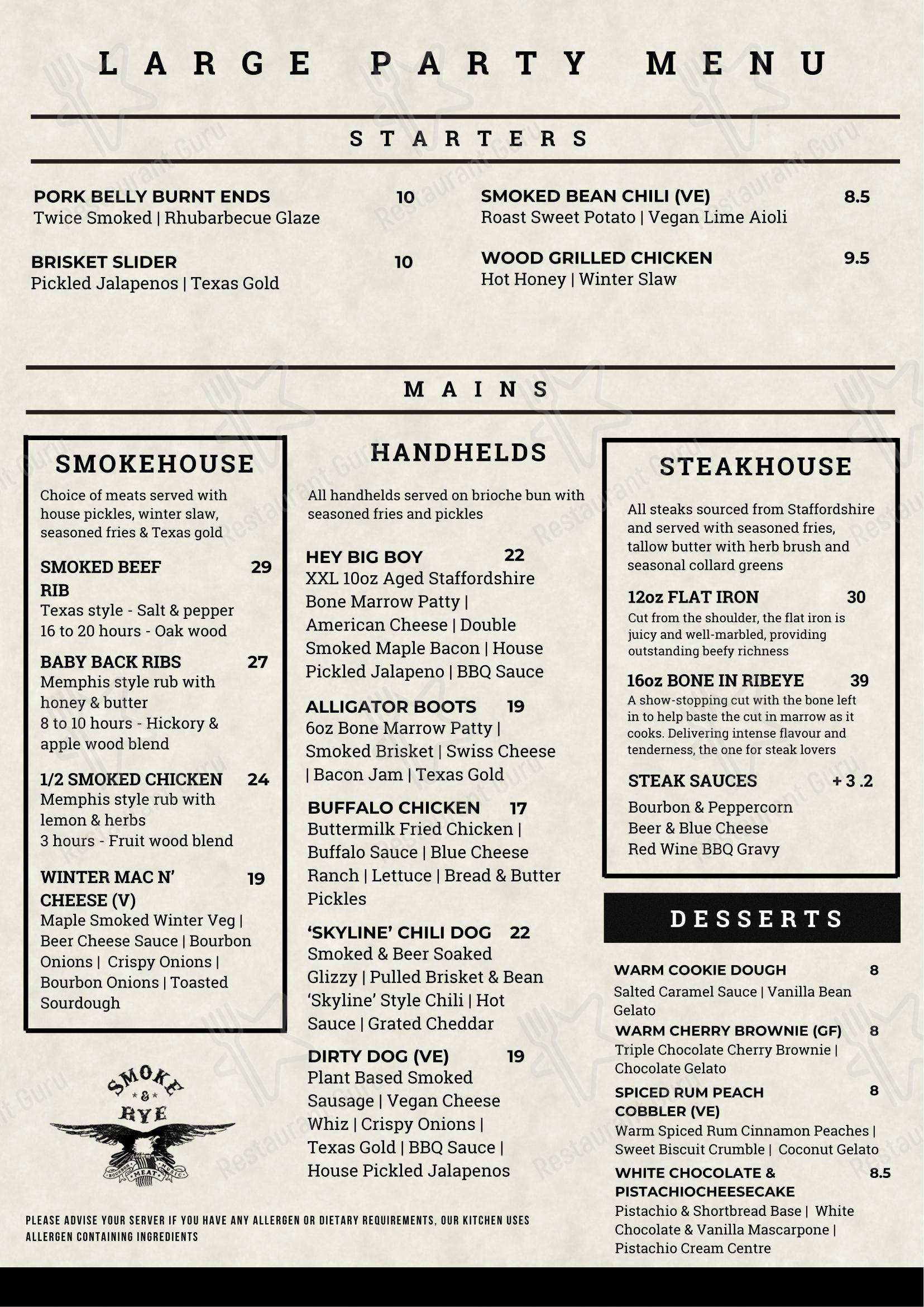Menu at Smoke & Rye restaurant, Stone