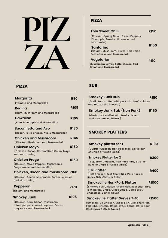Menu at Smokeville restaurant, Soweto, 881 Motlana St