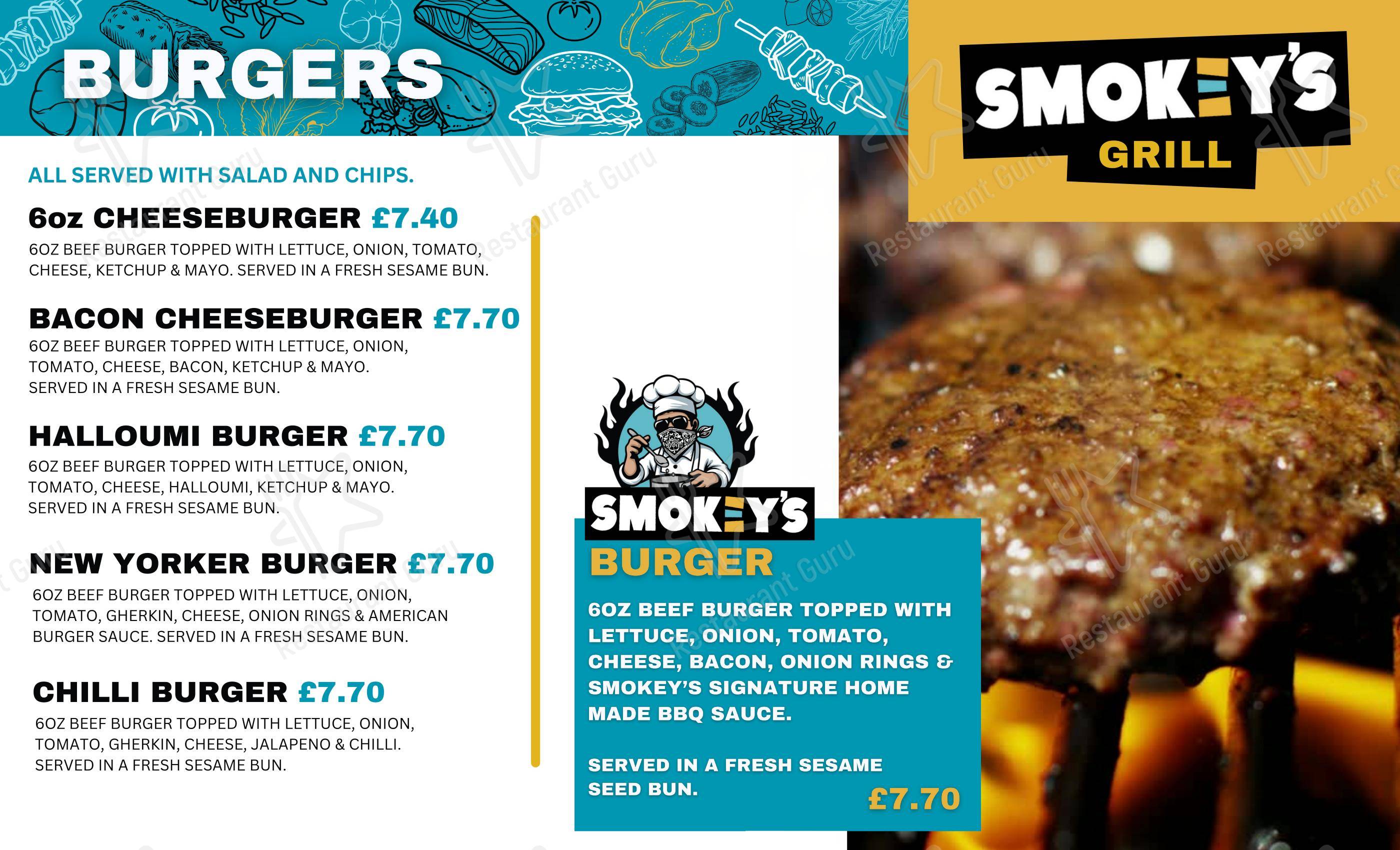 Menu at Smokey’s restaurant, Doncaster