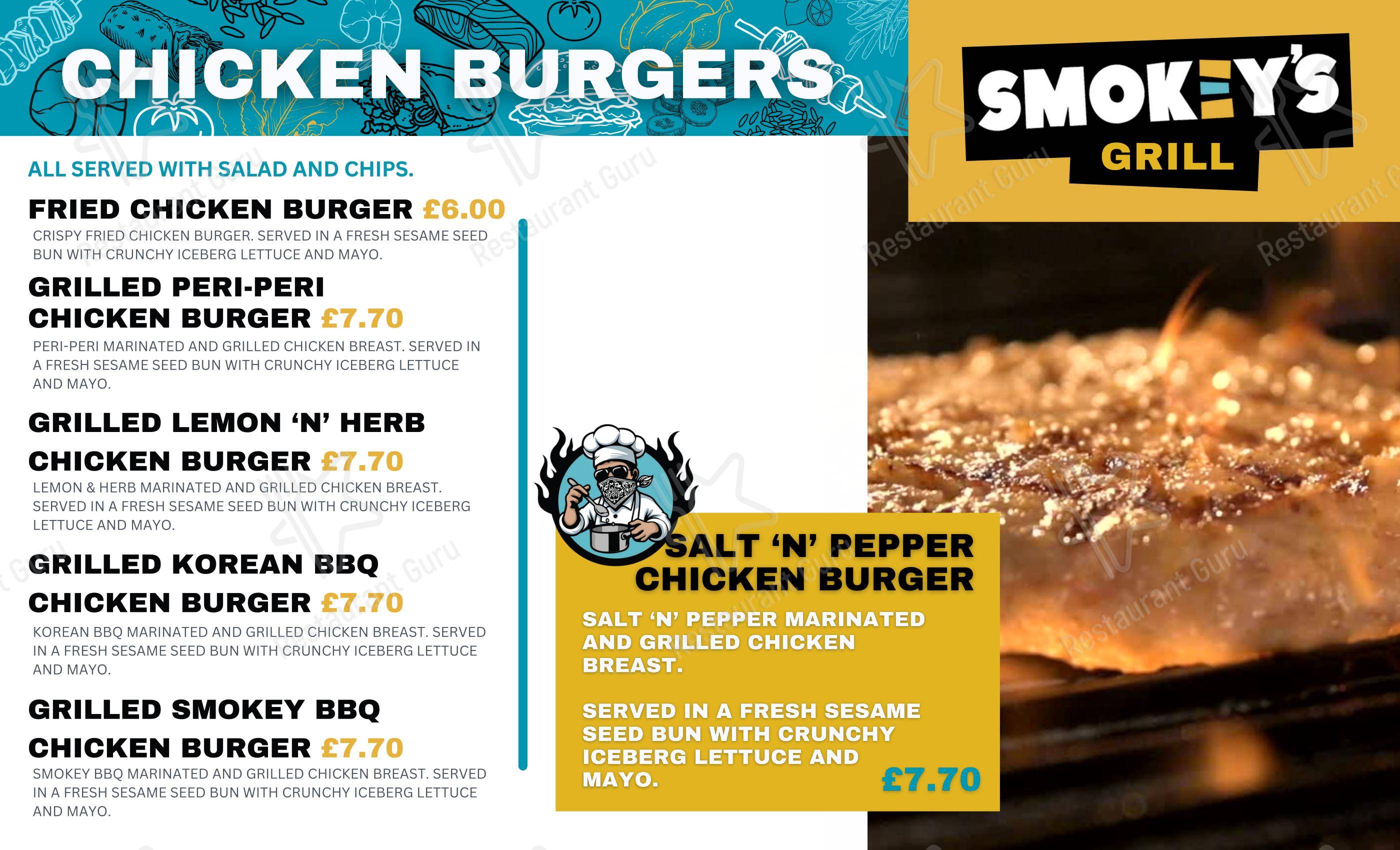 Menu at Smokey’s restaurant, Doncaster