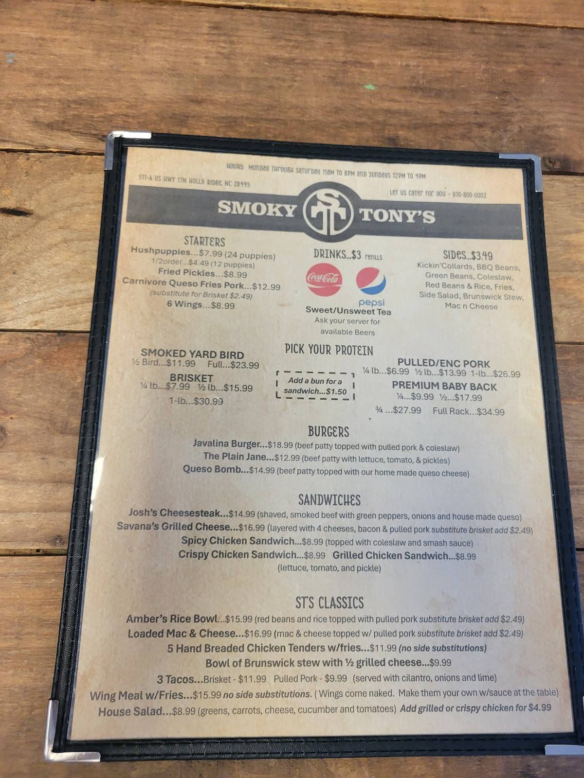 Menu at Smoky Tony's BBQ, Holly Ridge