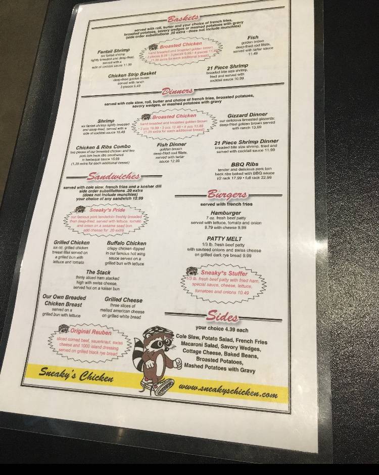 Menu at Sneaky's Chicken restaurant, Sioux City