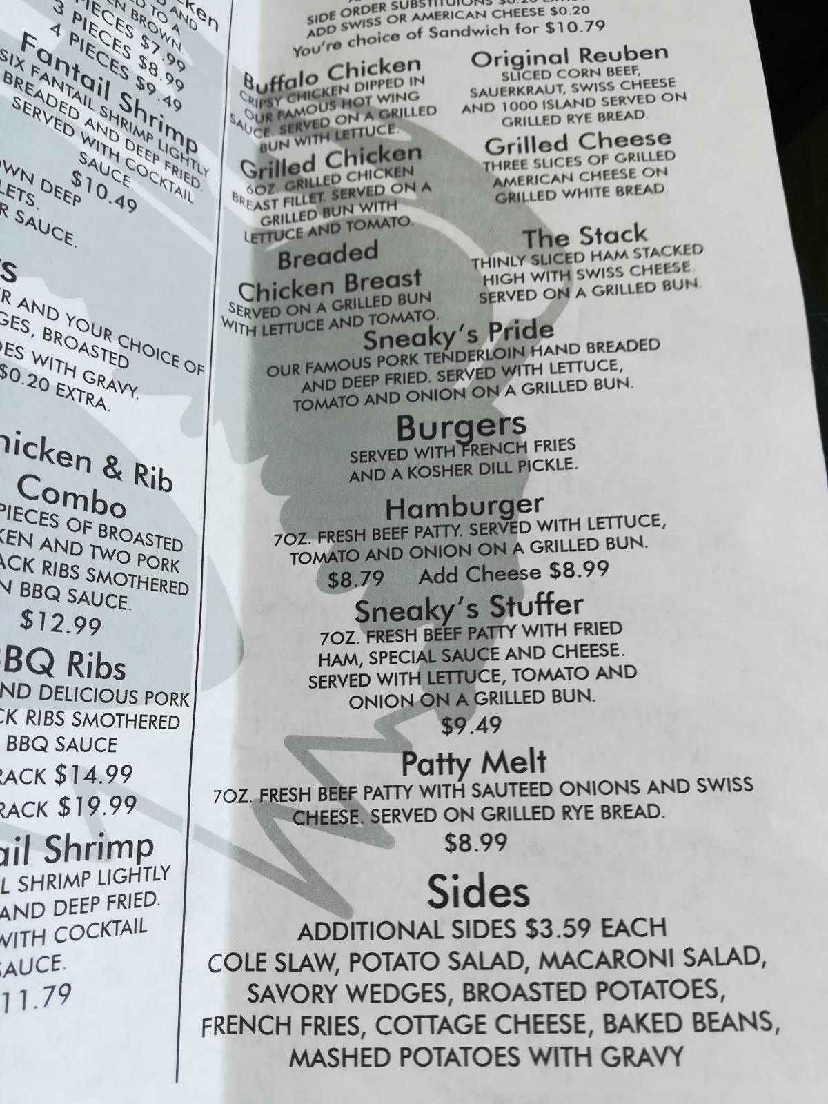 Menu at Sneaky's Chicken restaurant, Sioux City