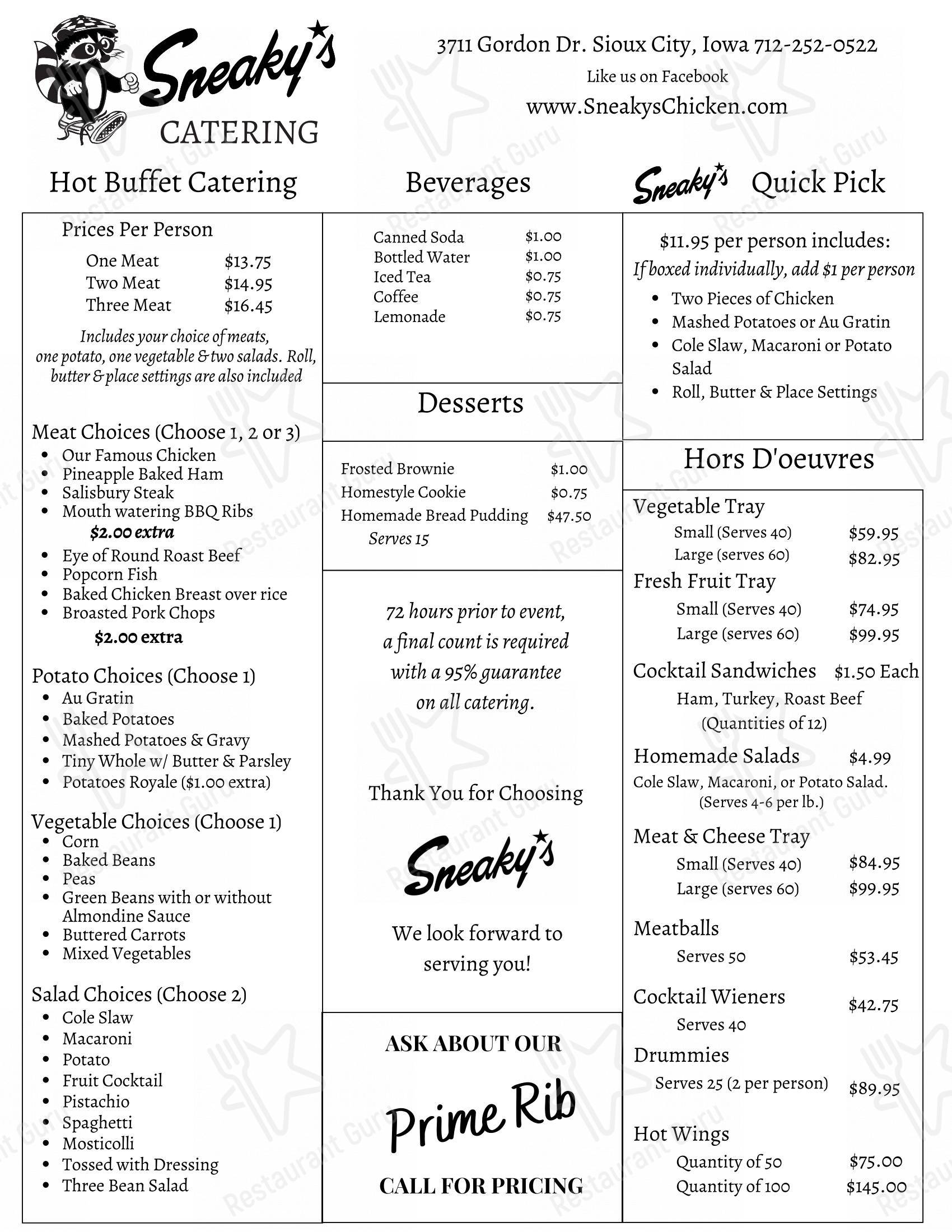 Menu at Sneaky's Chicken restaurant, Sioux City