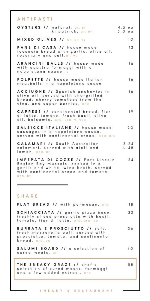 Menu at Sneaky's Restaurant, Angle Vale