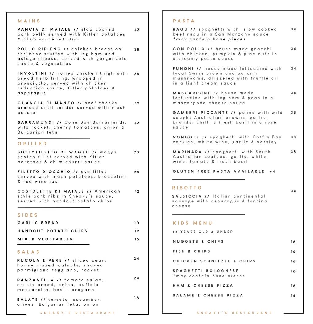 Menu at Sneaky's Restaurant, Angle Vale
