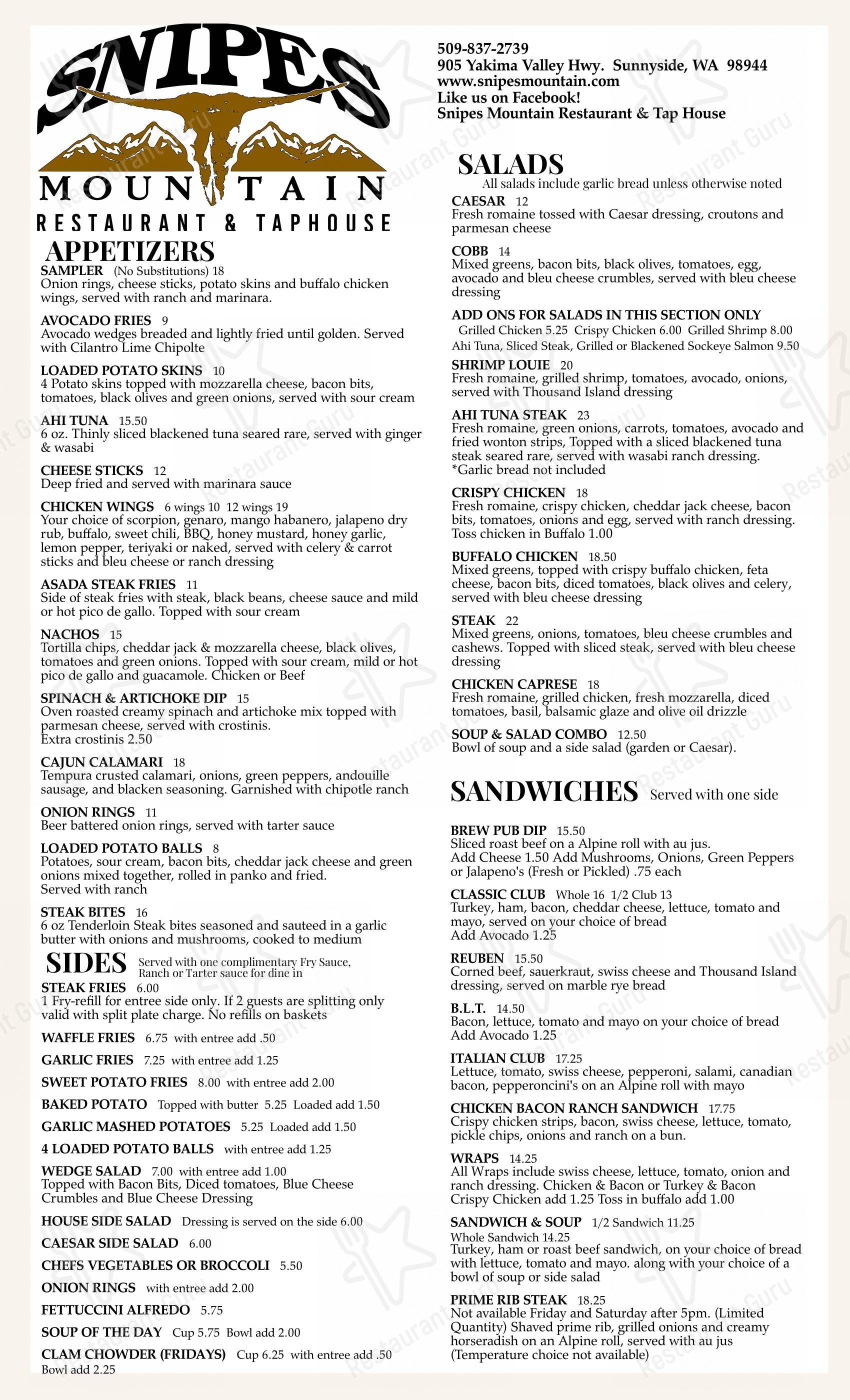 Menu at Snipes Mountain Restaurant & Tap House, Sunnyside