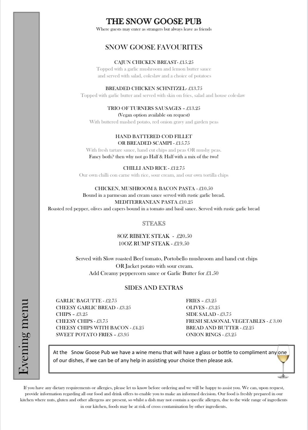 Menu at The Snow Goose pub & bar, Farnborough
