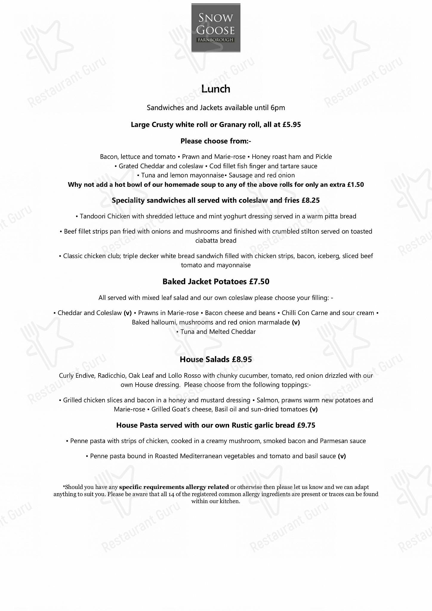 Menu at The Snow Goose pub & bar, Farnborough