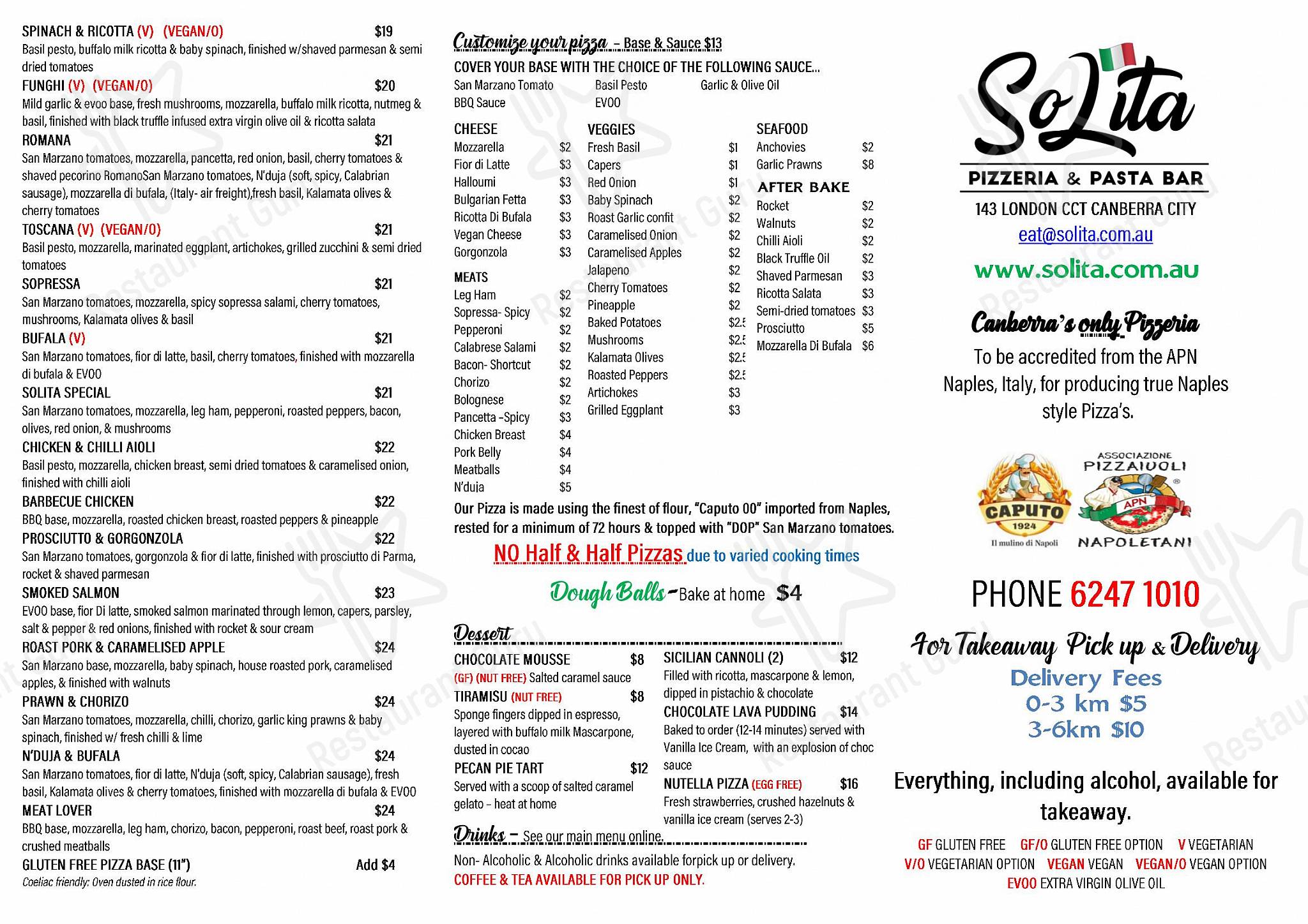 Menu at SoLita Pizzeria, Restaurant & Bar, Canberra