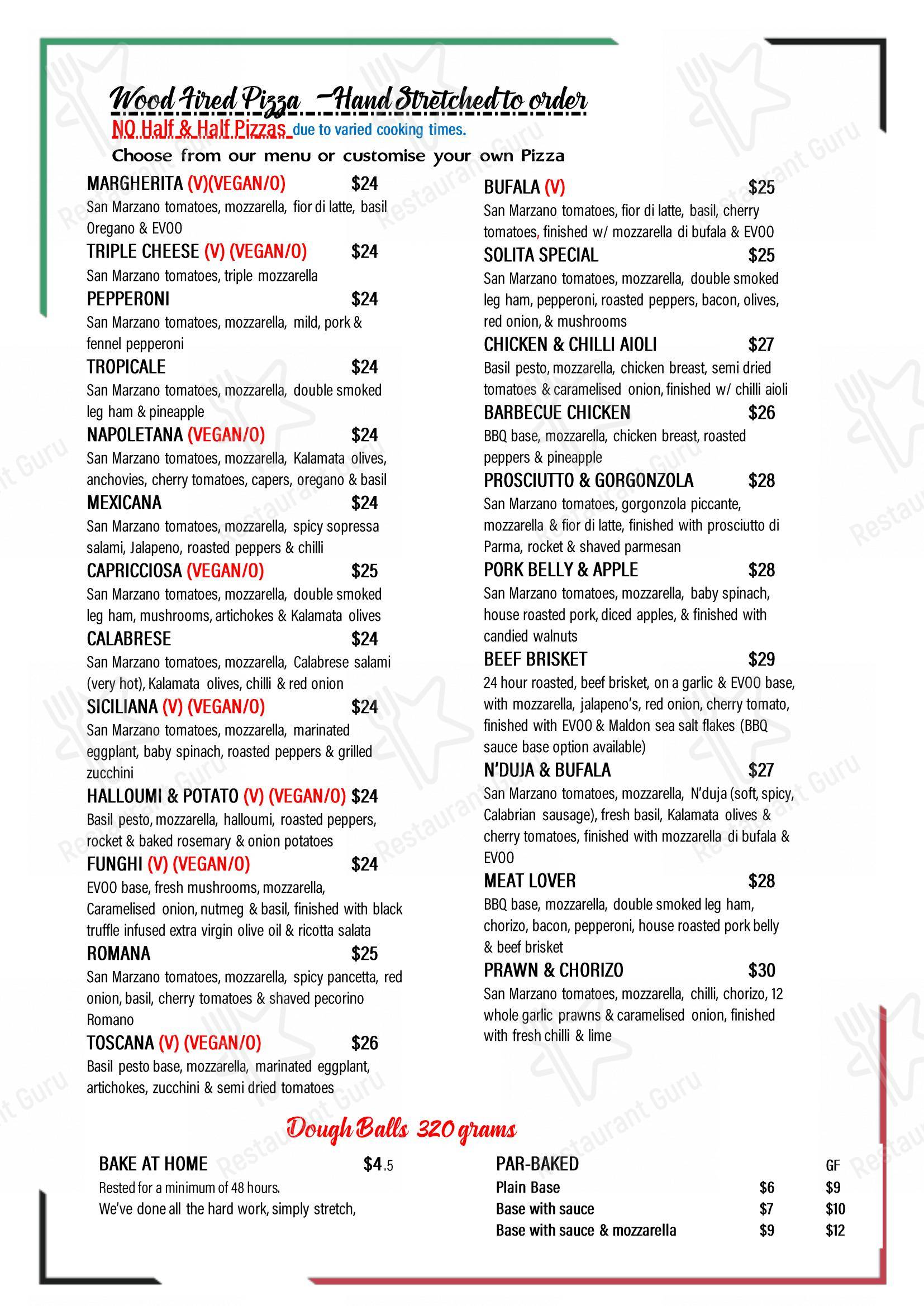 Menu at SoLita Pizzeria, Restaurant & Bar, Canberra