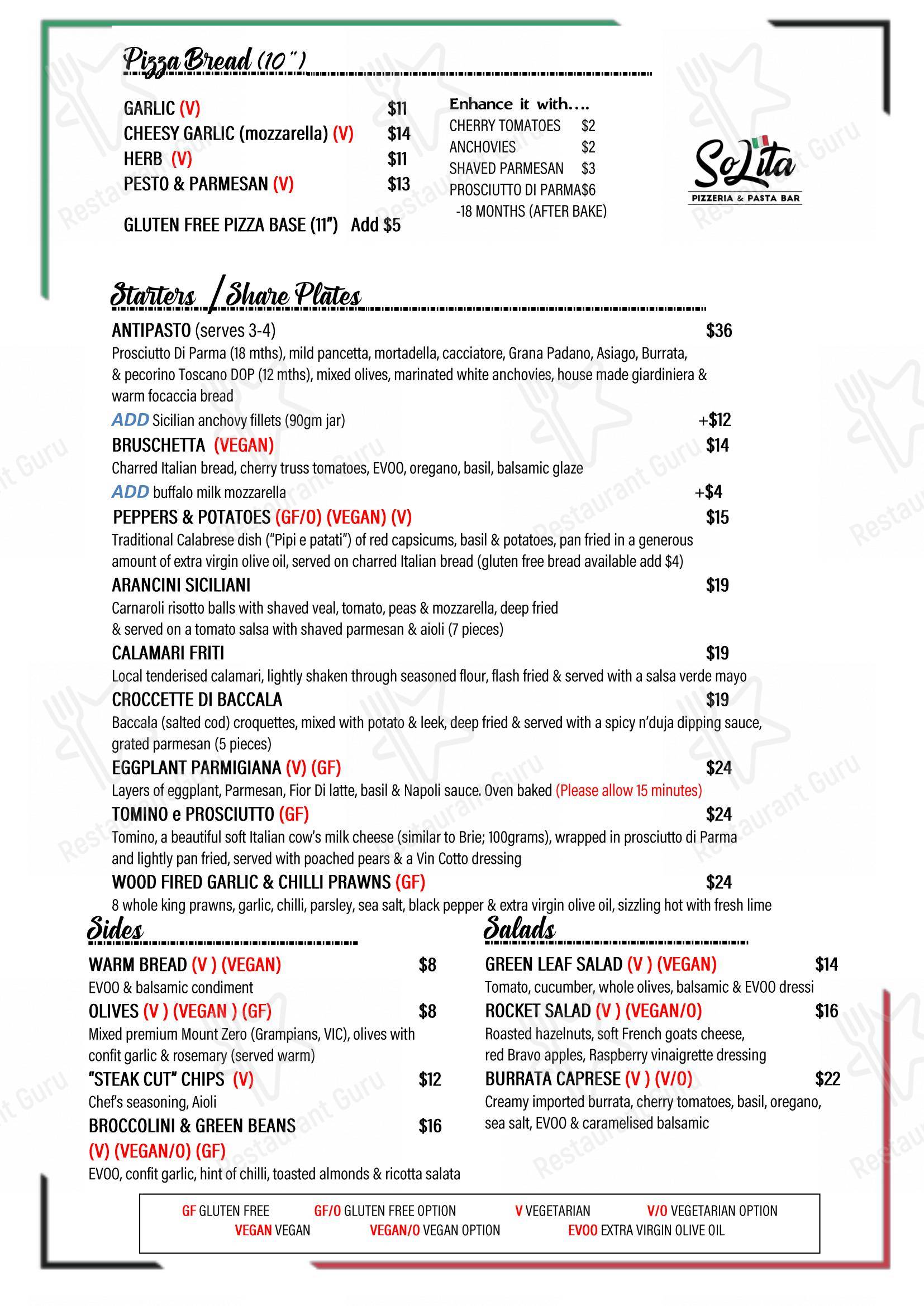 Menu at SoLita Pizzeria, Restaurant & Bar, Canberra