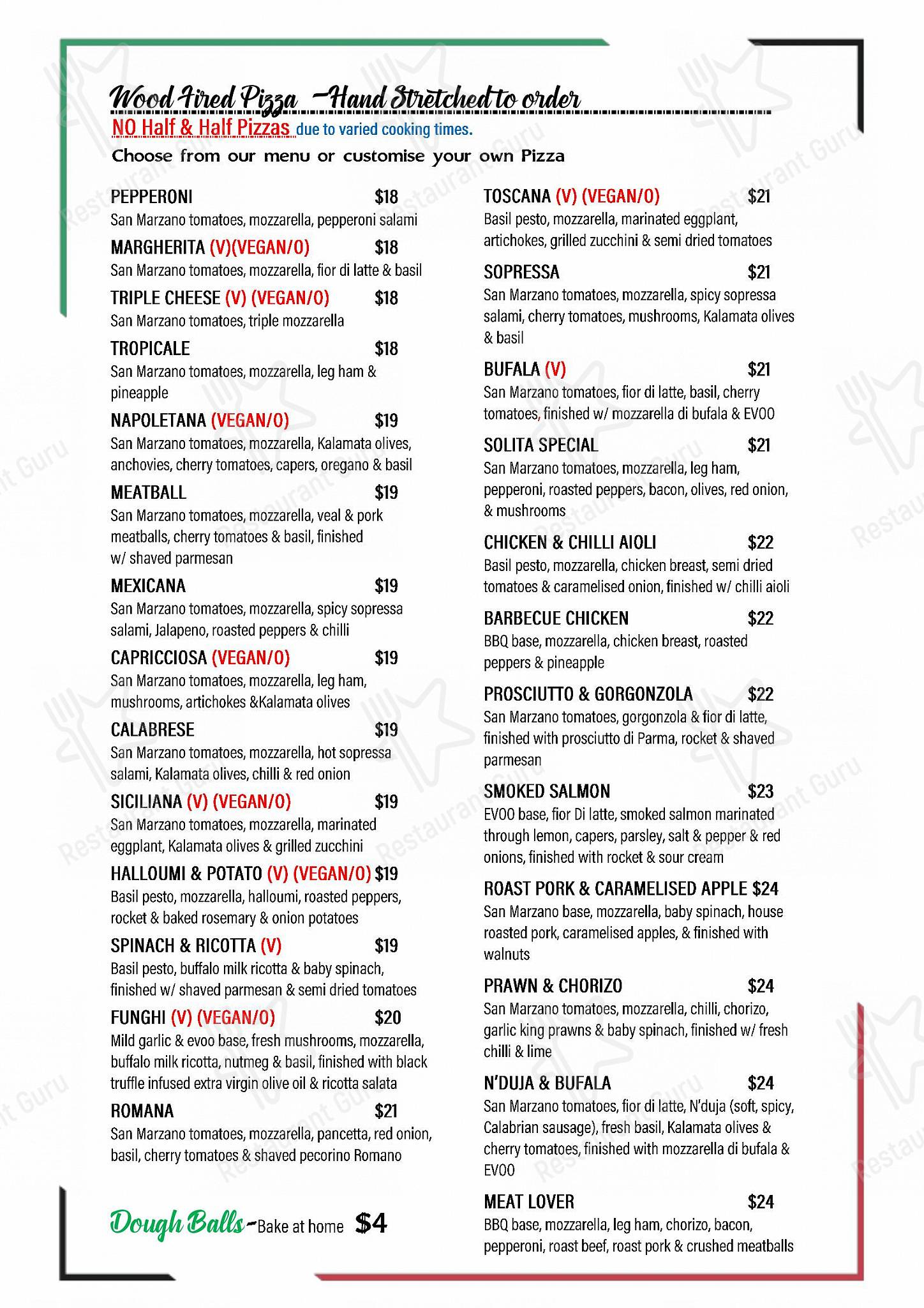 Menu at SoLita Pizzeria, Restaurant & Bar, Canberra