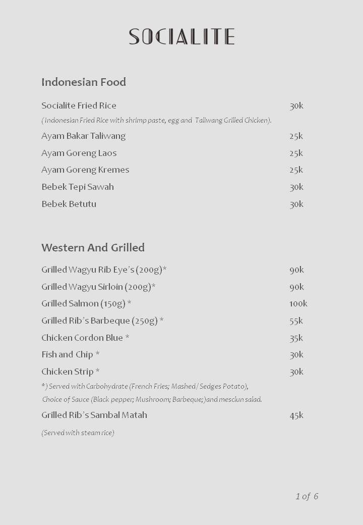 Menu at Socialite Resto restaurant, Purwodadi