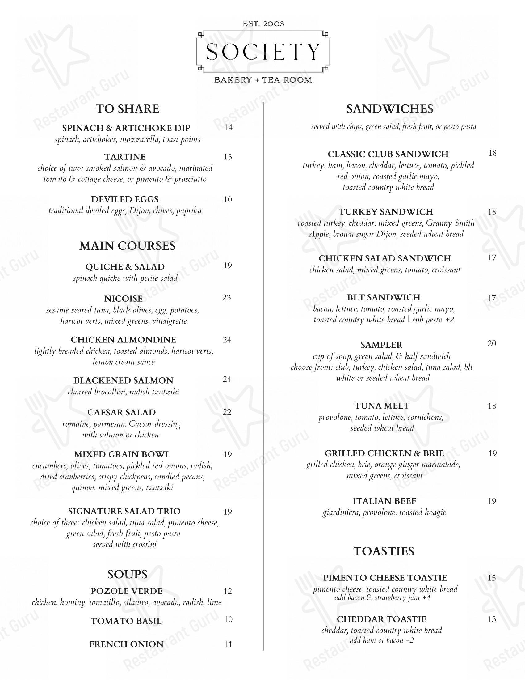 Menu at Society Bakery & Tea Room, Dallas