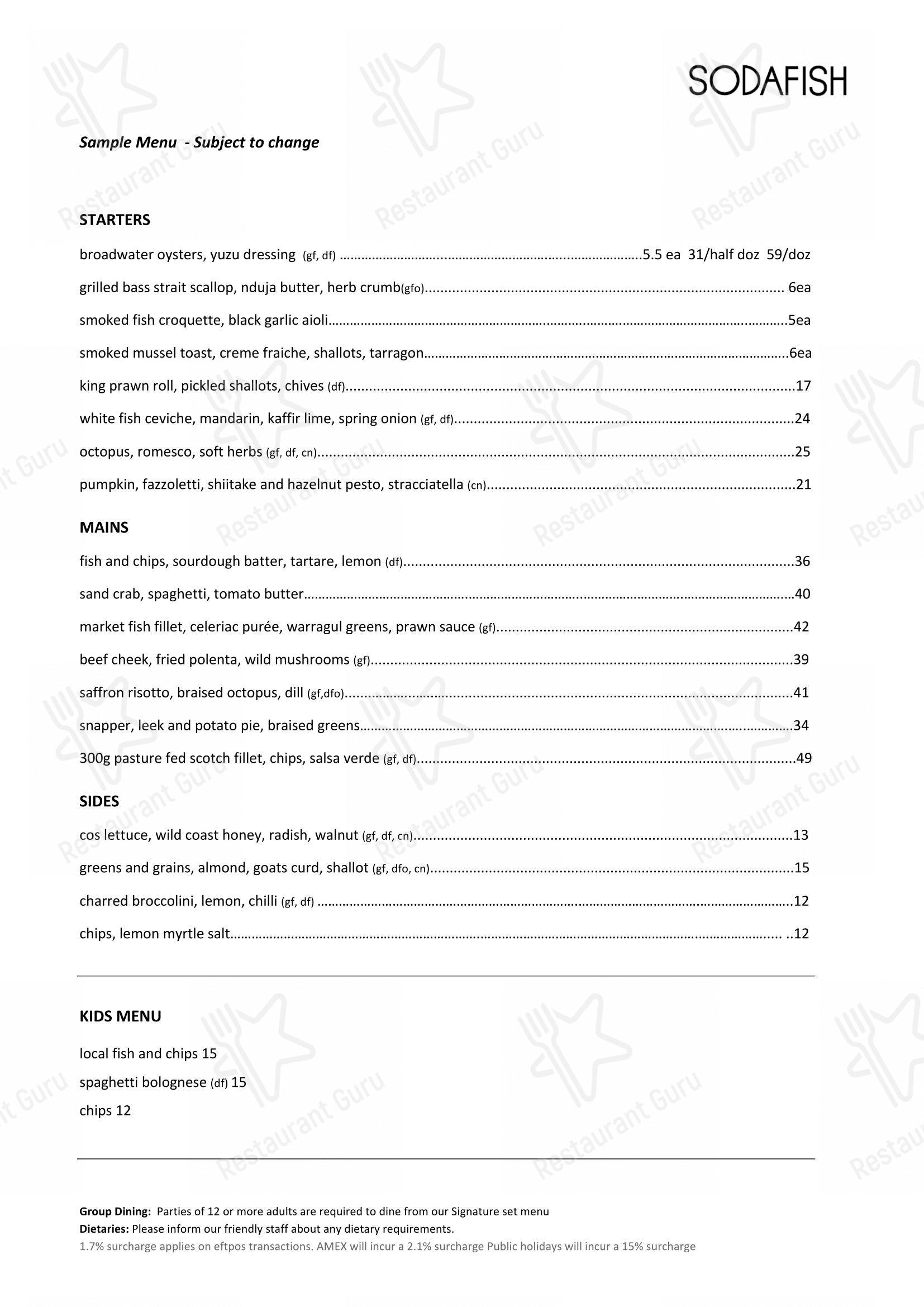 Menu at Sodafish restaurant, Lakes Entrance