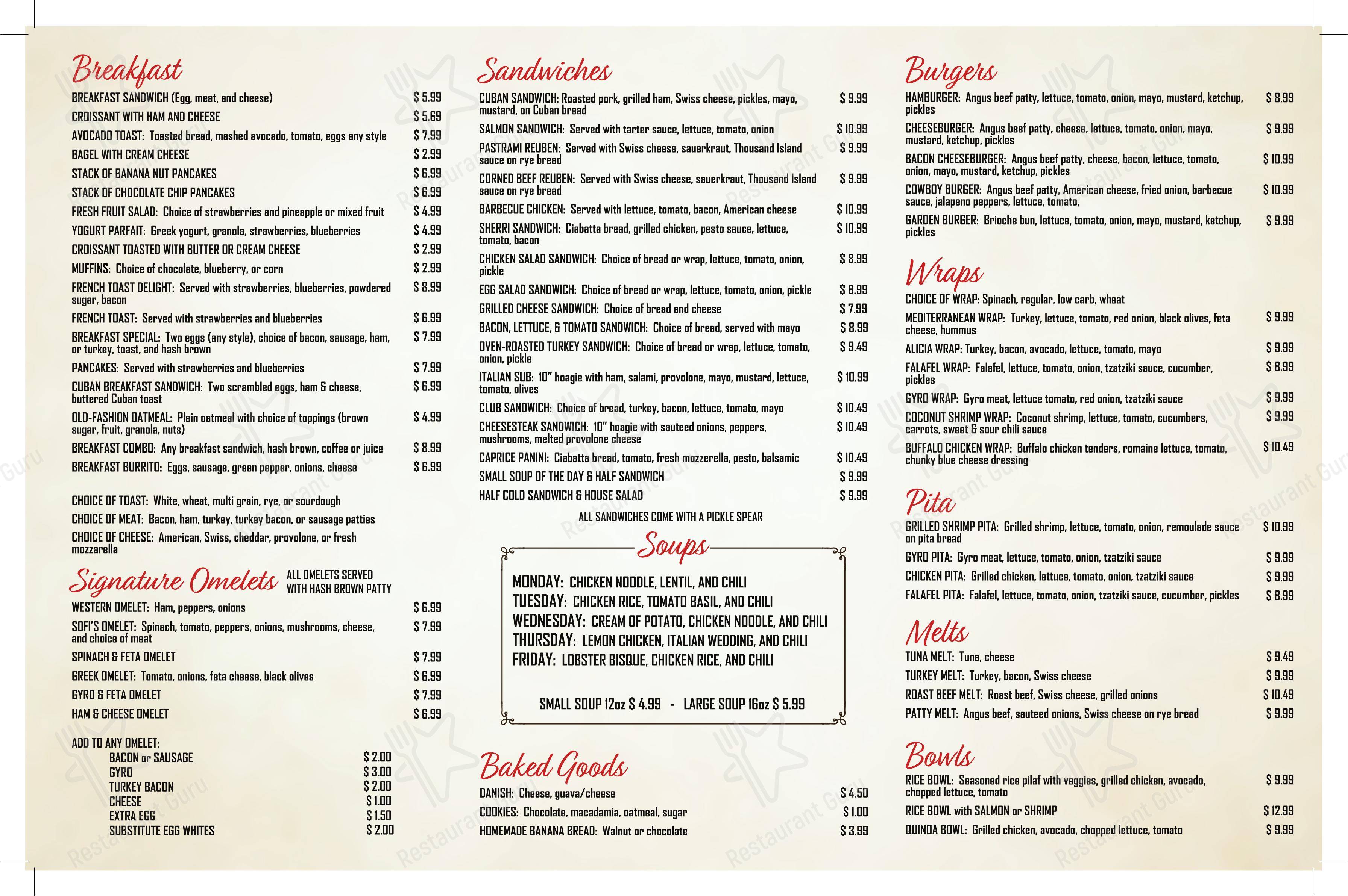 Menu at Sofi's Cafe, Fort Lauderdale