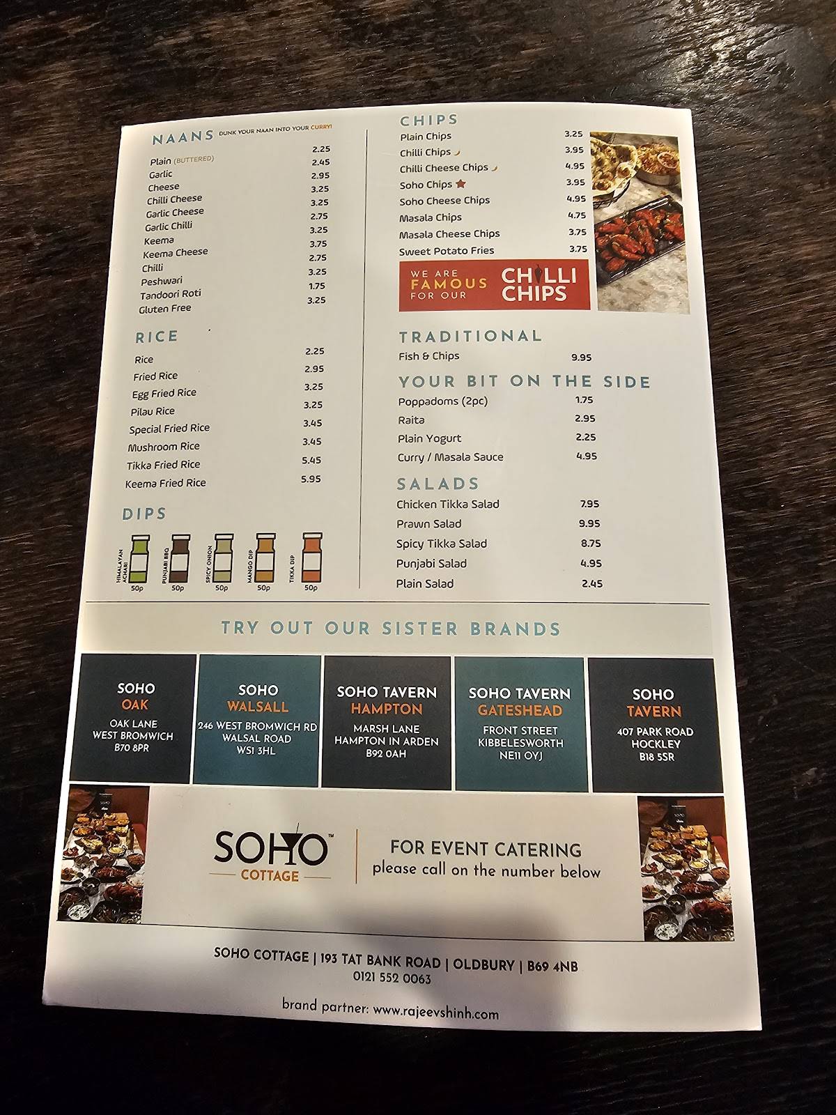 Menu at Soho Cottage restaurant, Oldbury