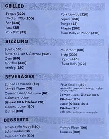 Menu at Sol Victoria's restaurant, Tagaytay