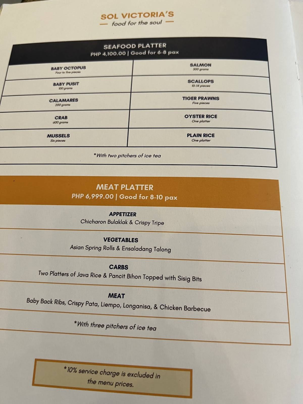 Menu at Sol Victoria's restaurant, Tagaytay