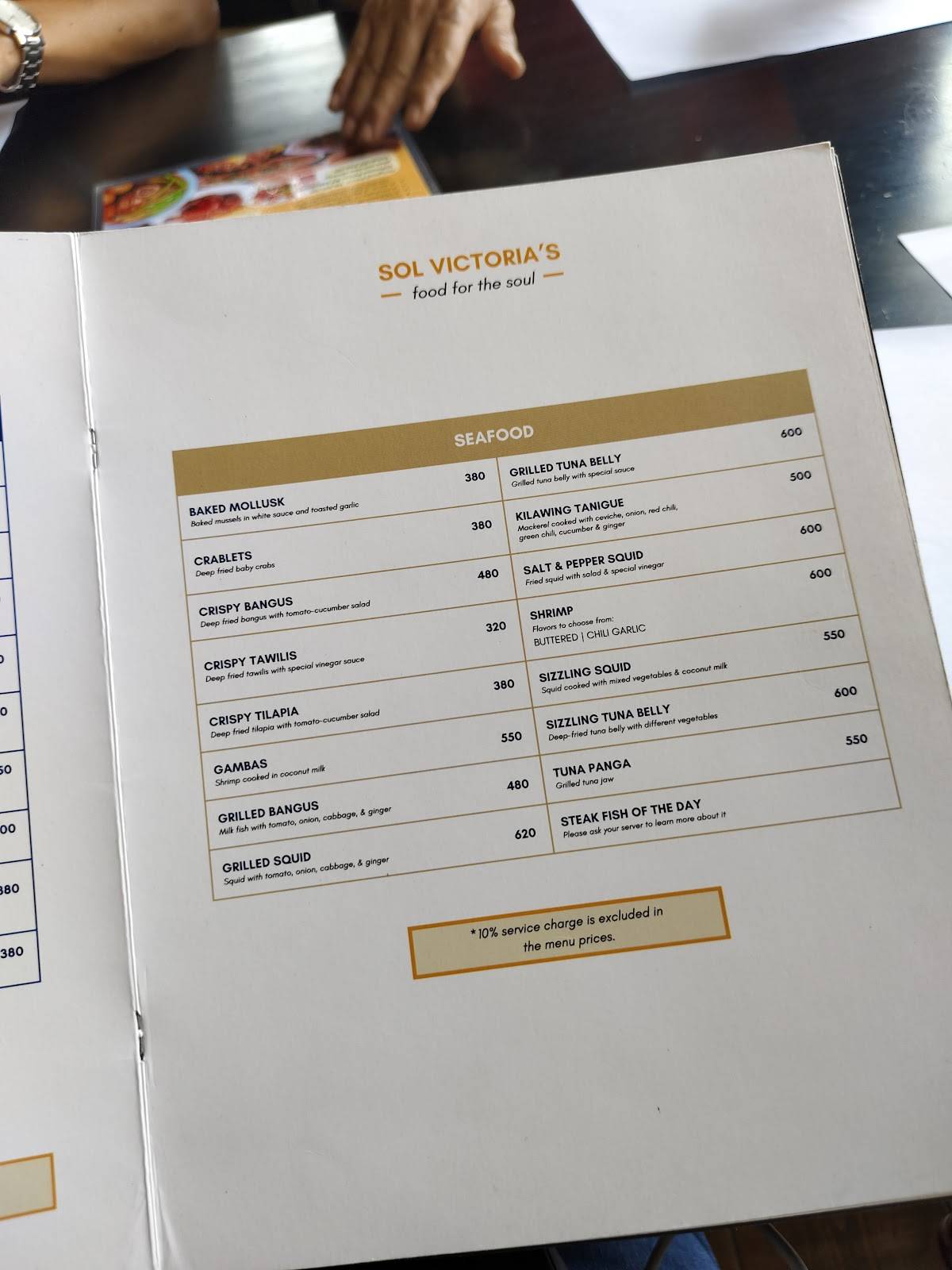 Menu at Sol Victoria's restaurant, Tagaytay