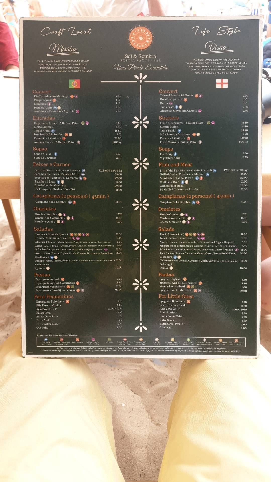 Menu at Sol e Sombra restaurant, Alvor