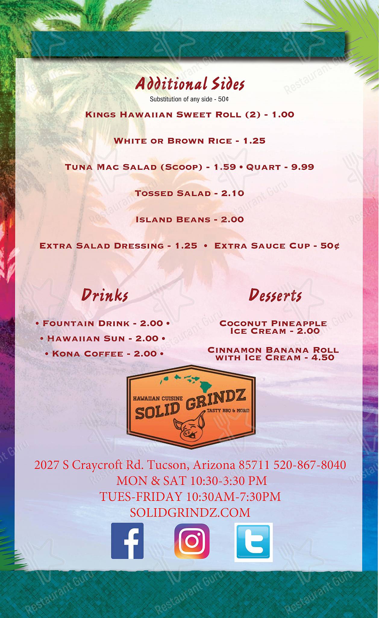 Menu at Solid Grindz Hawaiian BBQ, Tucson