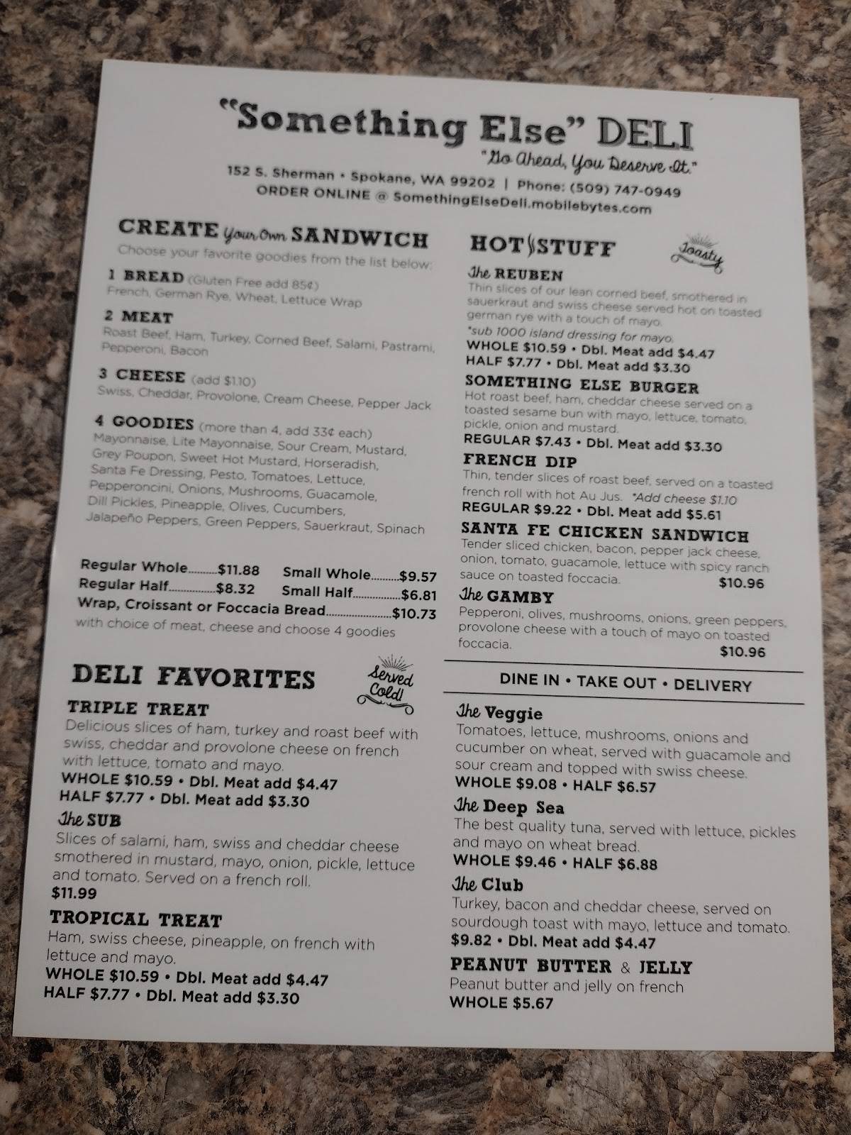Menu at Something Else Deli restaurant, Spokane