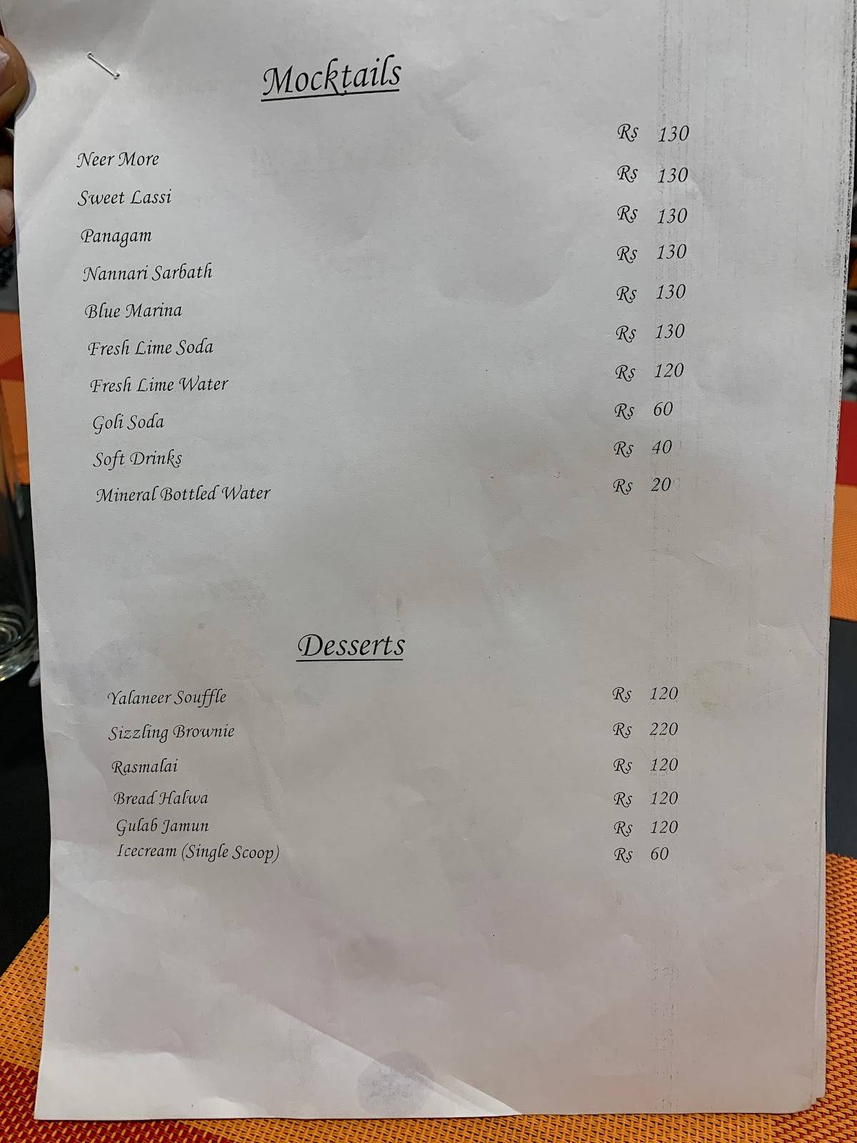 Menu at Sorgam @ Crimson Chakra, Chennai, #13