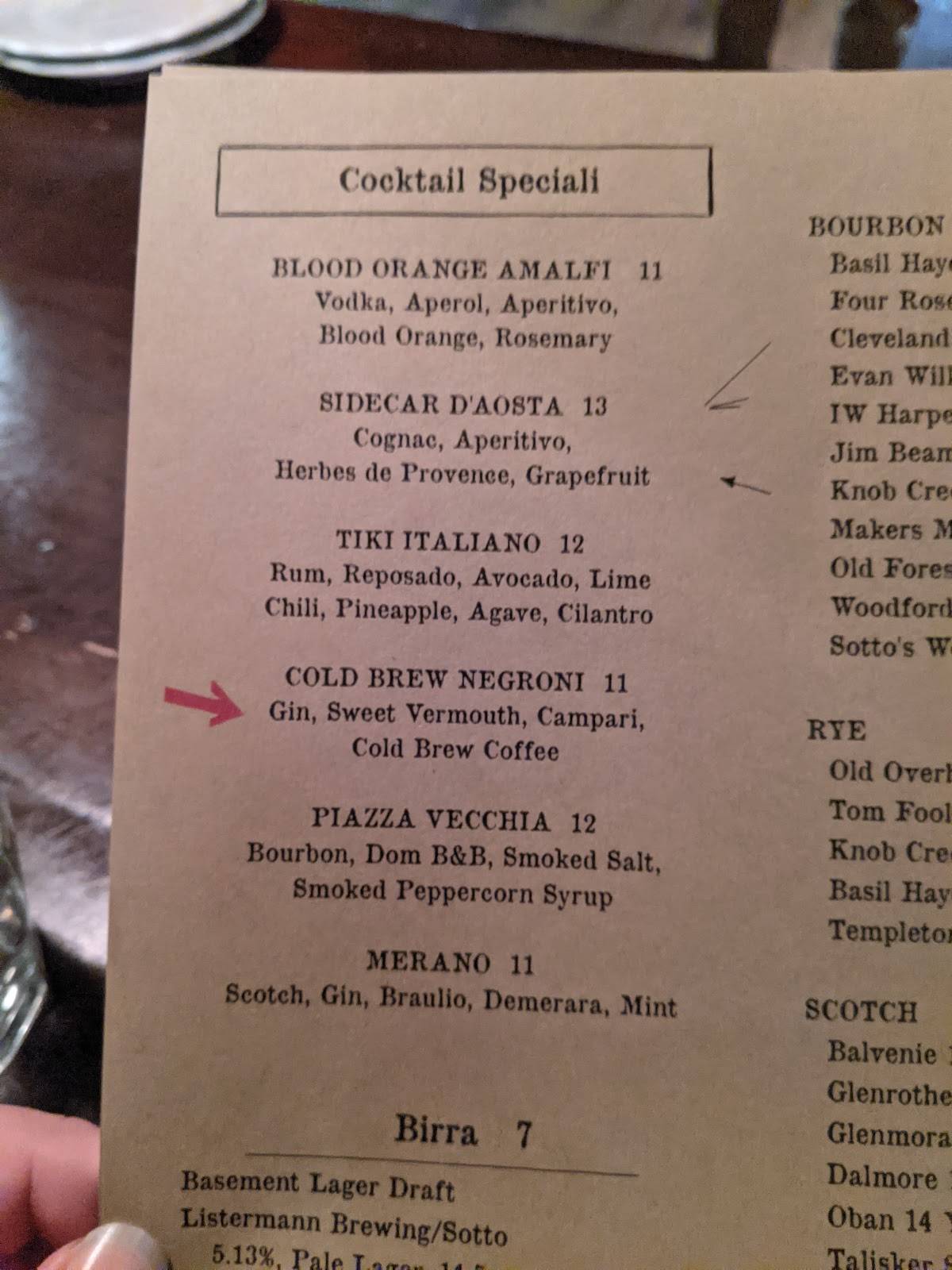 Menu at Sotto restaurant, Cincinnati