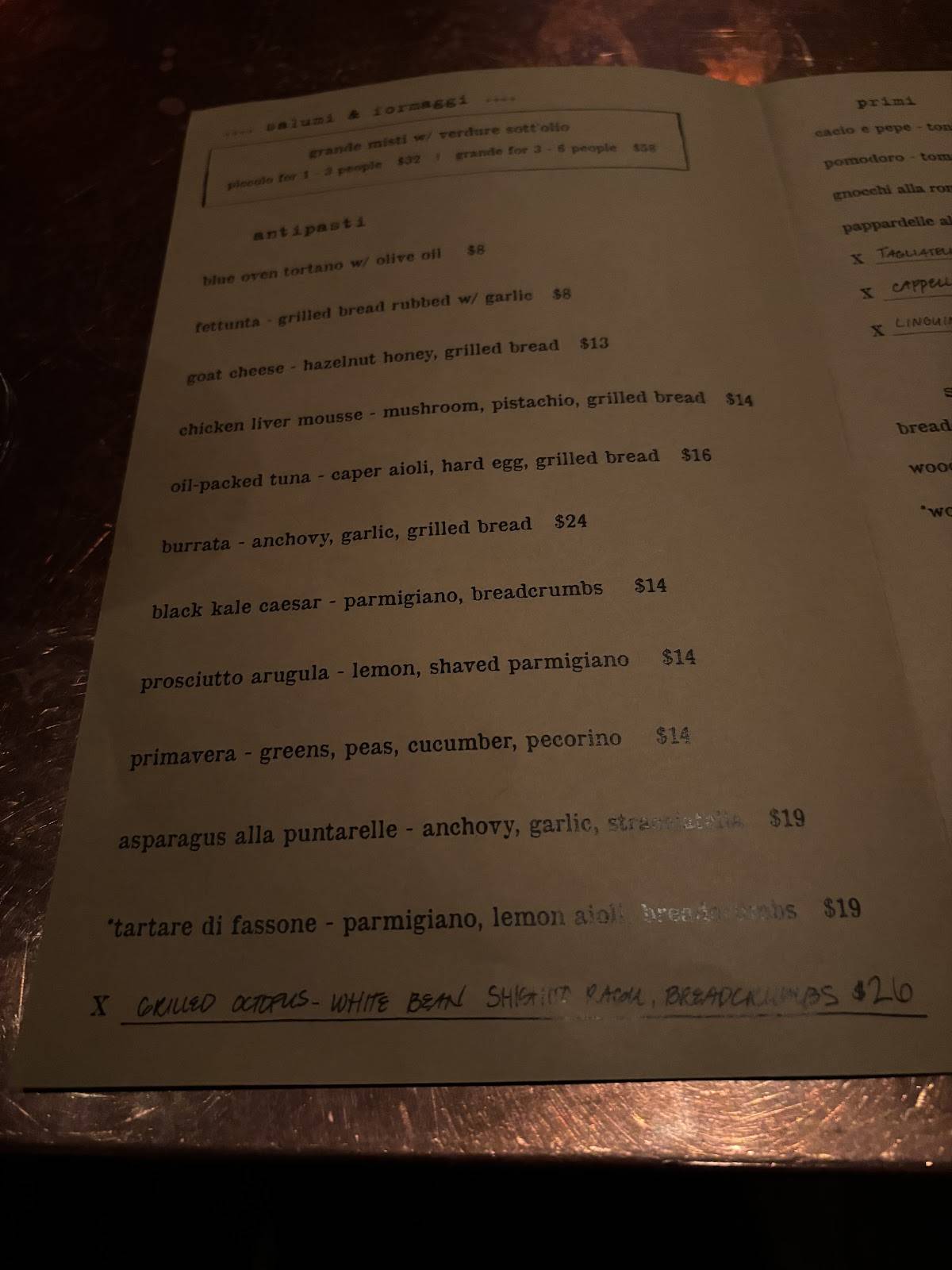 Menu at Sotto restaurant, Cincinnati