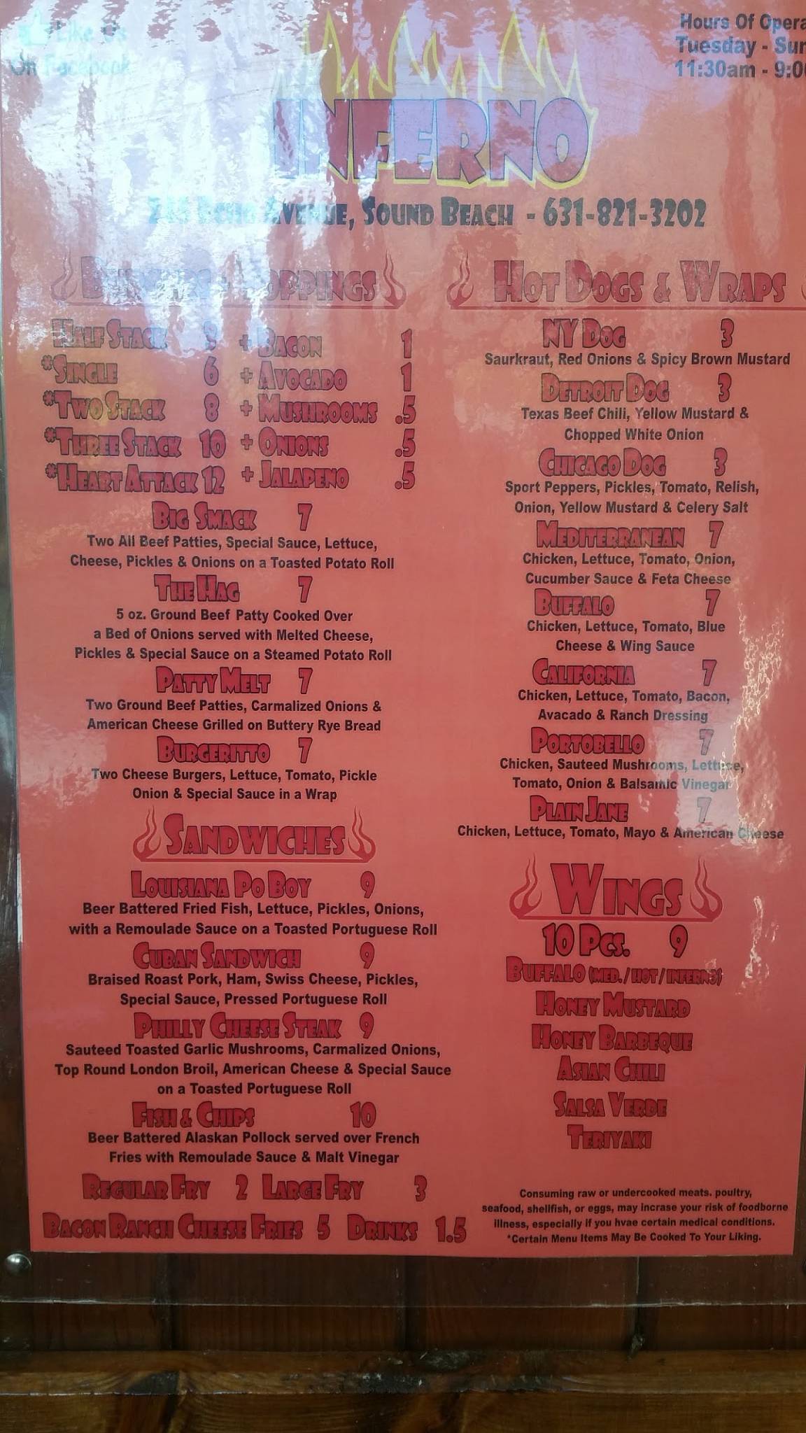 Menu at Inferno The Restaurant, Sound Beach